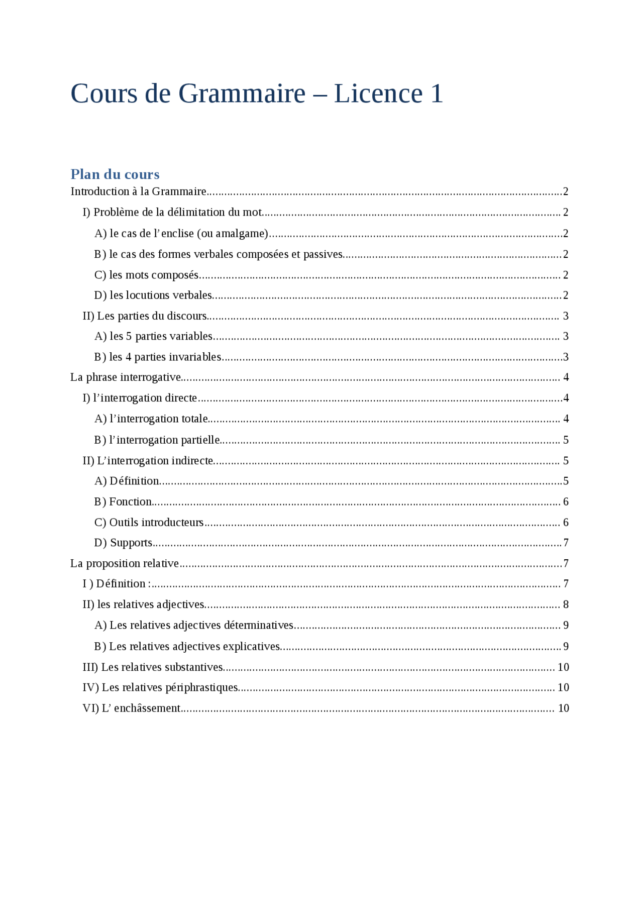 Notes Sur Lintroduction à La Grammaire Notes Grammaire Et