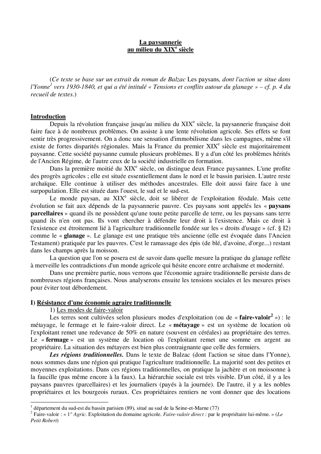 Notes Sur La Paysannerie Au Milieu Du Xixe Siècle Docsity