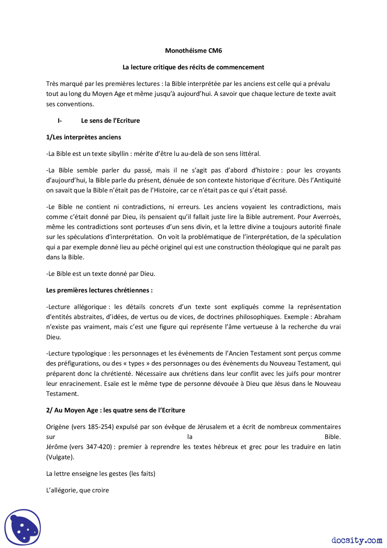 Notes Sur La Lecture Critique Des Récits De Commencement Docsity