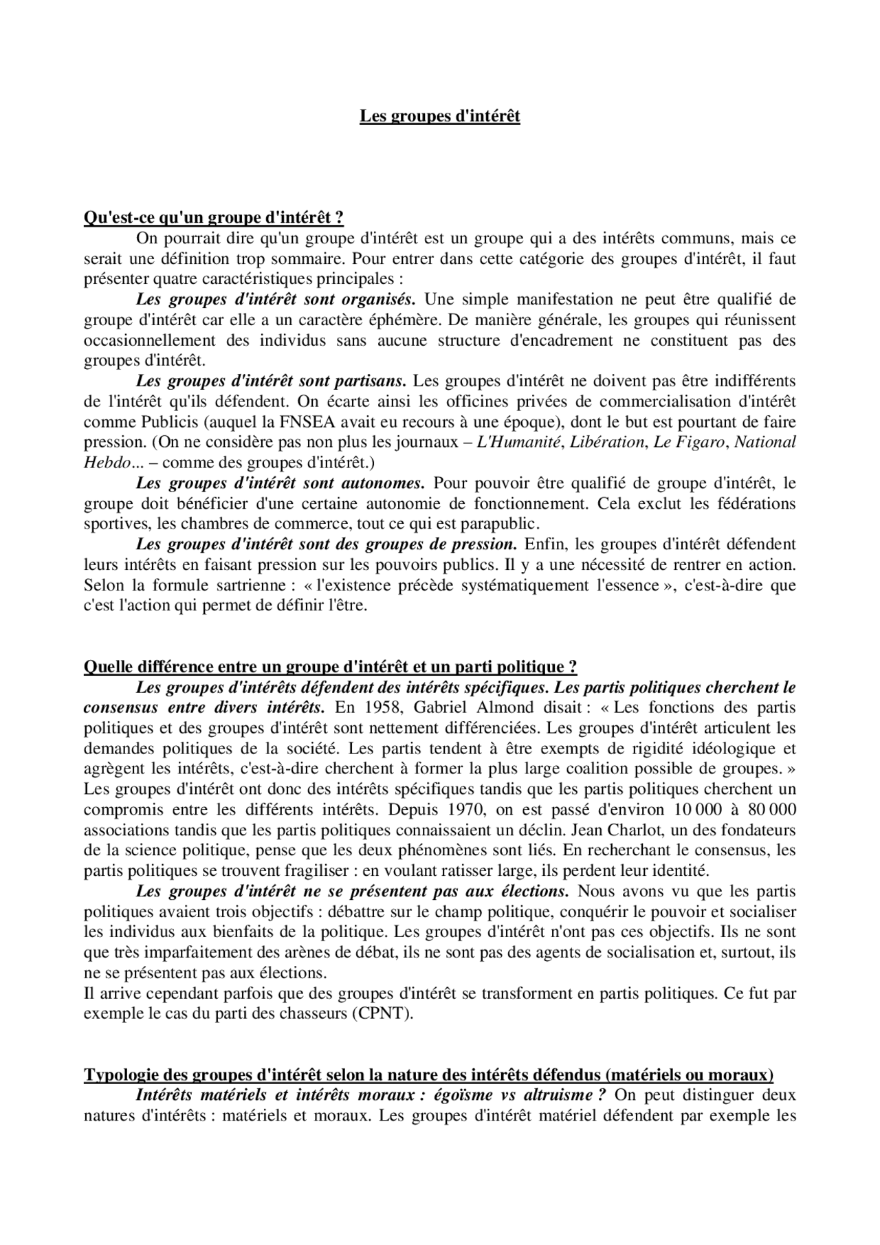 Notes Sur Les Groupes Dintérêt Docsity