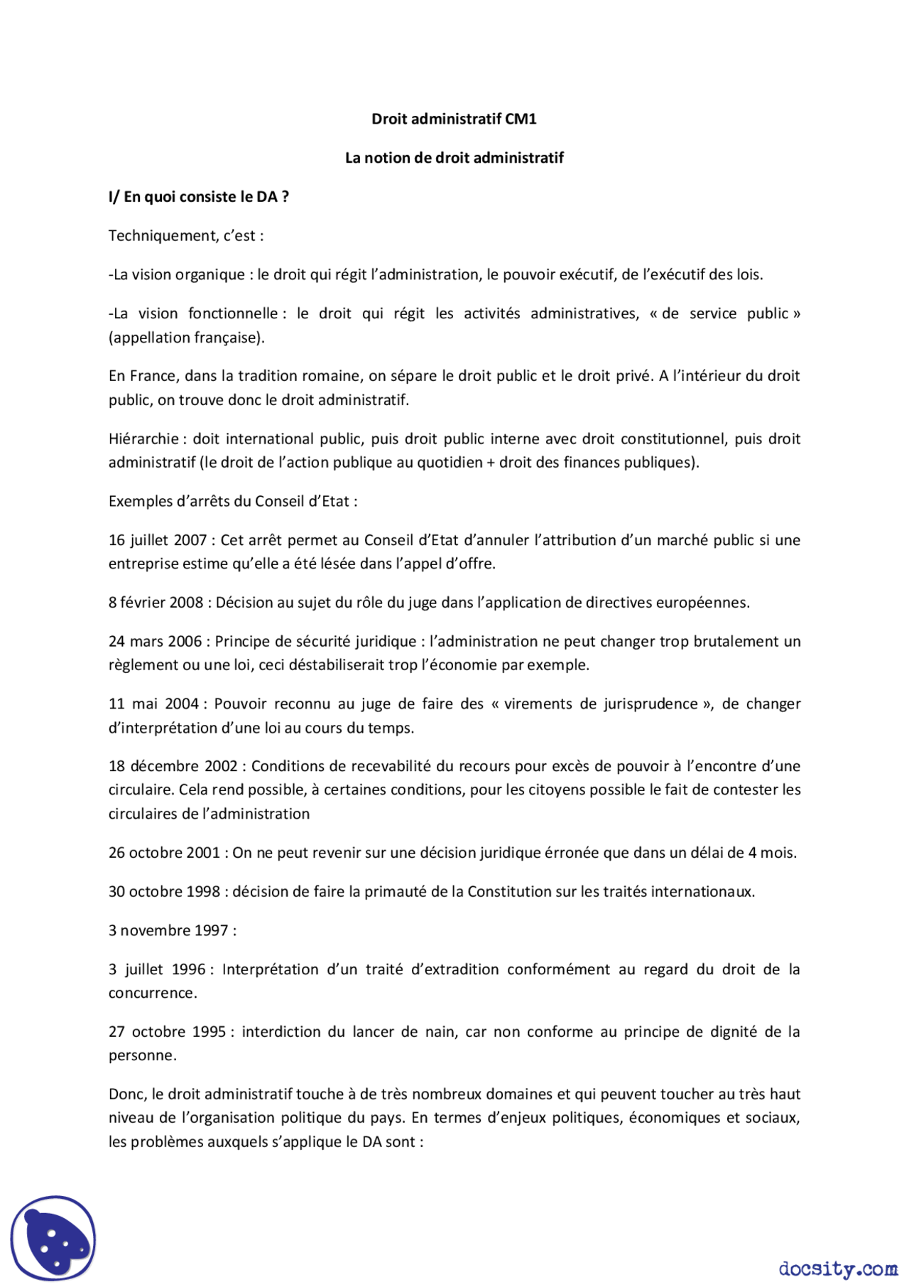 Notes Sur La Notion De Droit Administratif Docsity