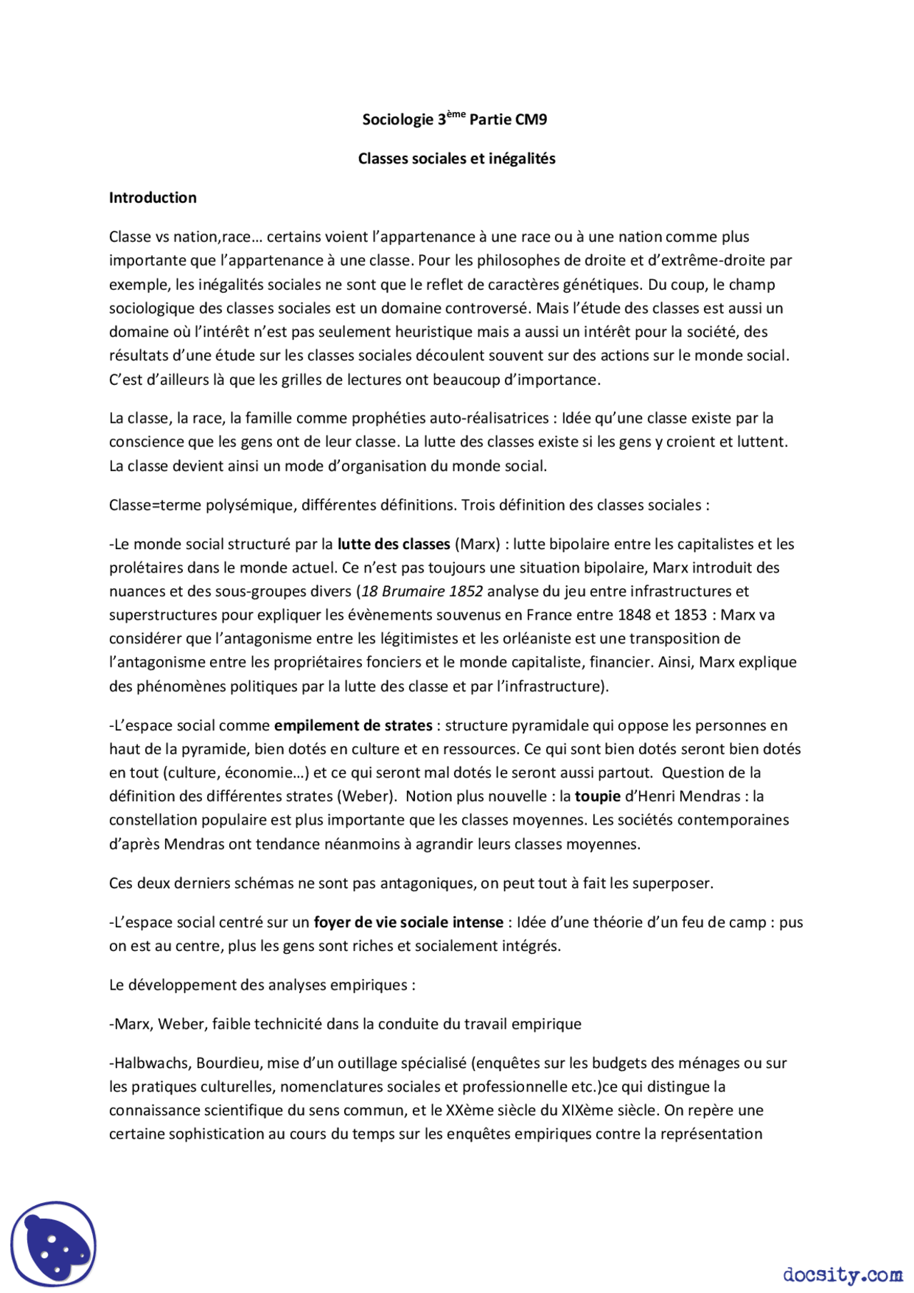 Notes Sur Les Classes Sociales Et Les Inégalités Docsity