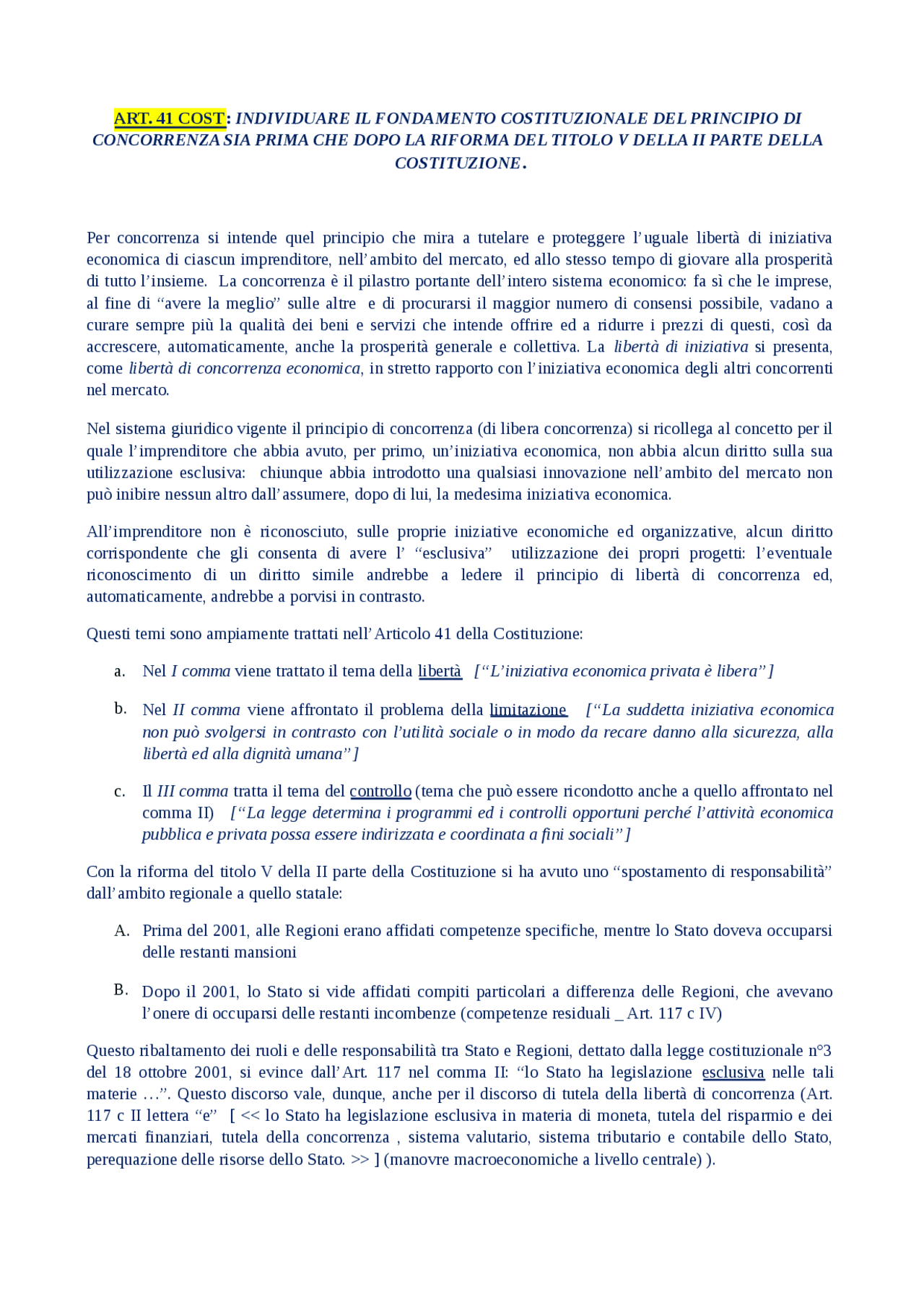 ART 41 la libera concorrenza | Appunti di Diritto Pubblico - Docsity