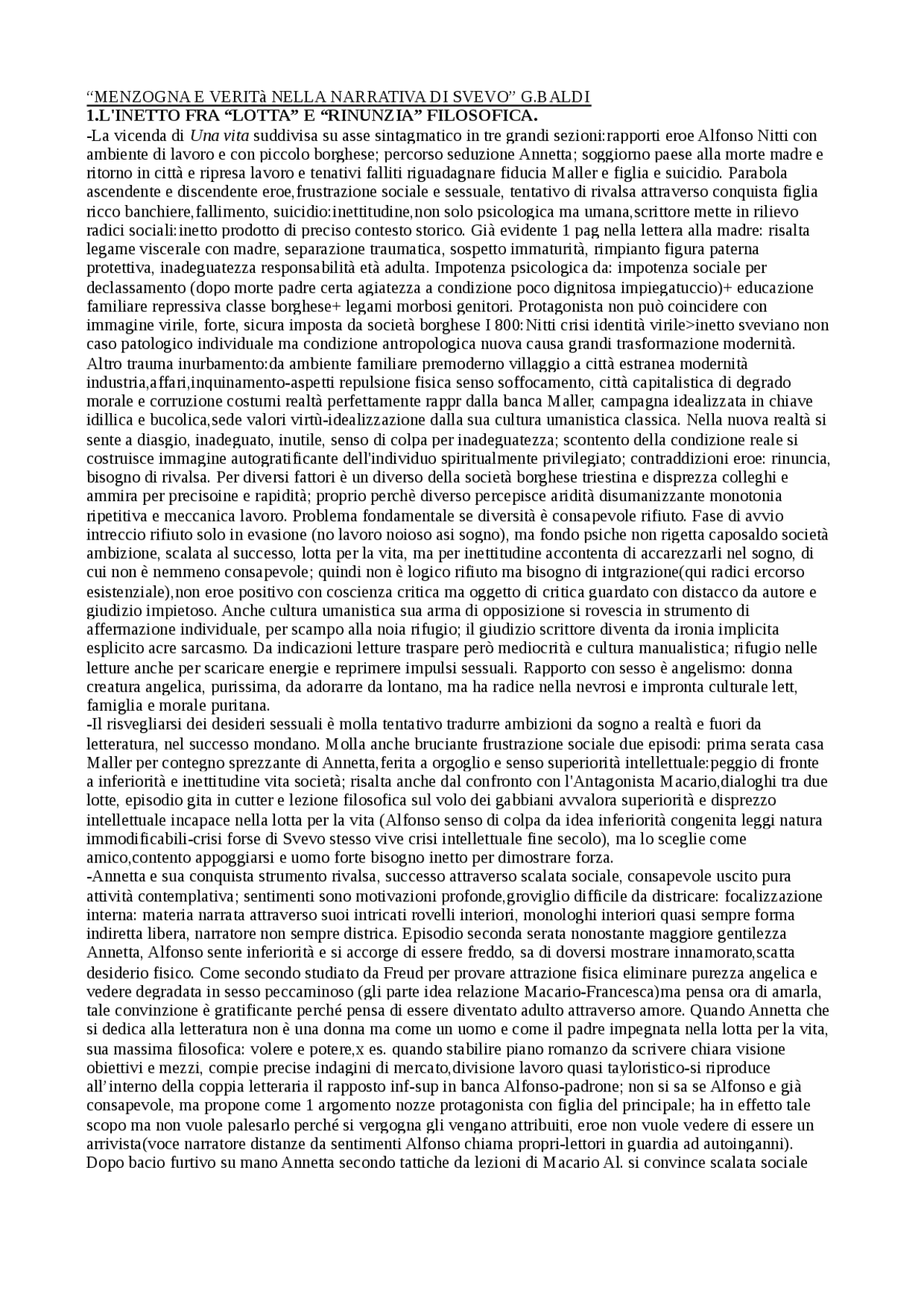 Menzogna E Verita Nella Narrativa Di Svevo Baldi Docsity