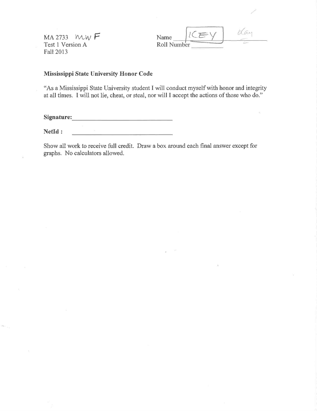 Calculus Iii Test 1 Version A Fall 2013 Ma 2733 Docsity