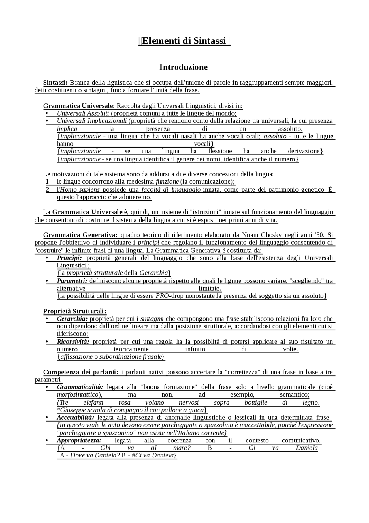 Elementi di Sintassi (Frascarelli, Ramaglia, Corpina) - Riassunto e Grafici - Docsity