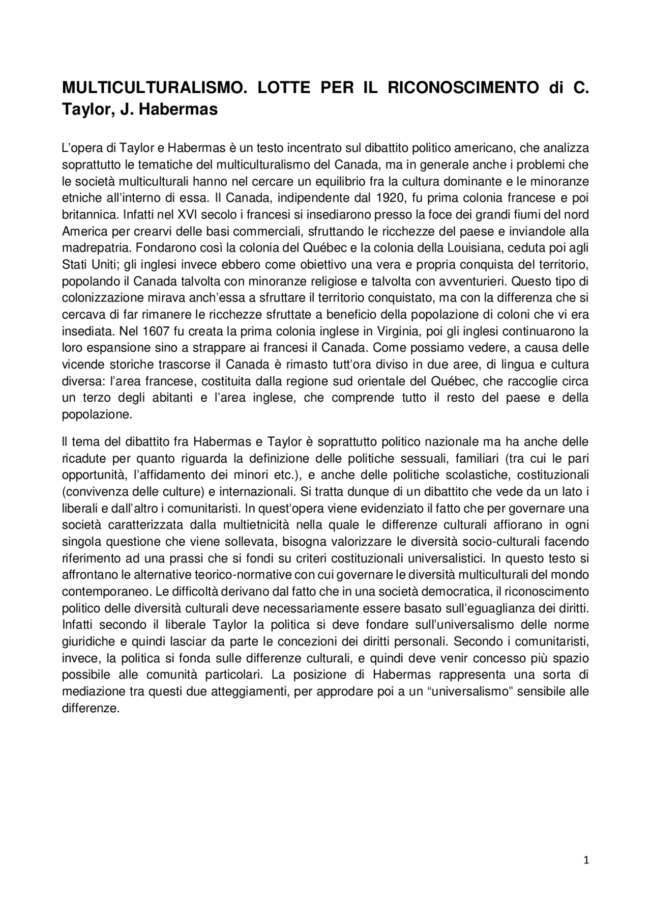 Multiculturalismo. Lotte per il riconoscimento – Taylor, Habermas - Docsity