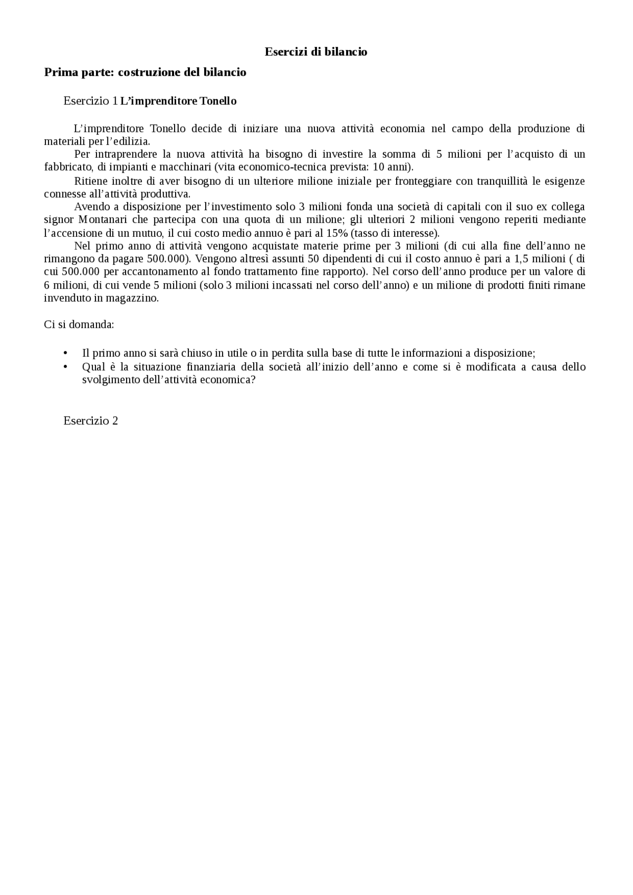 Esercizi Bilancio Docsity