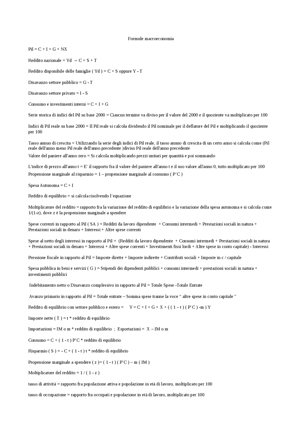 Formule Macroeconomia Docsity
