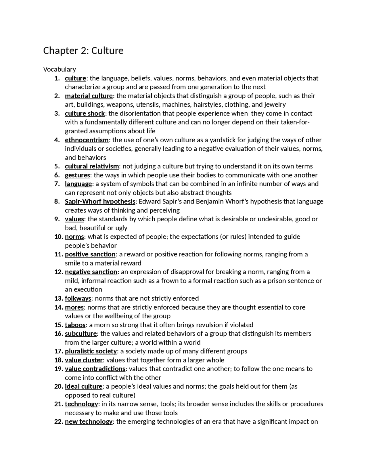 Vocabulary - Introduction to Culture | SOCL 2001 - Docsity