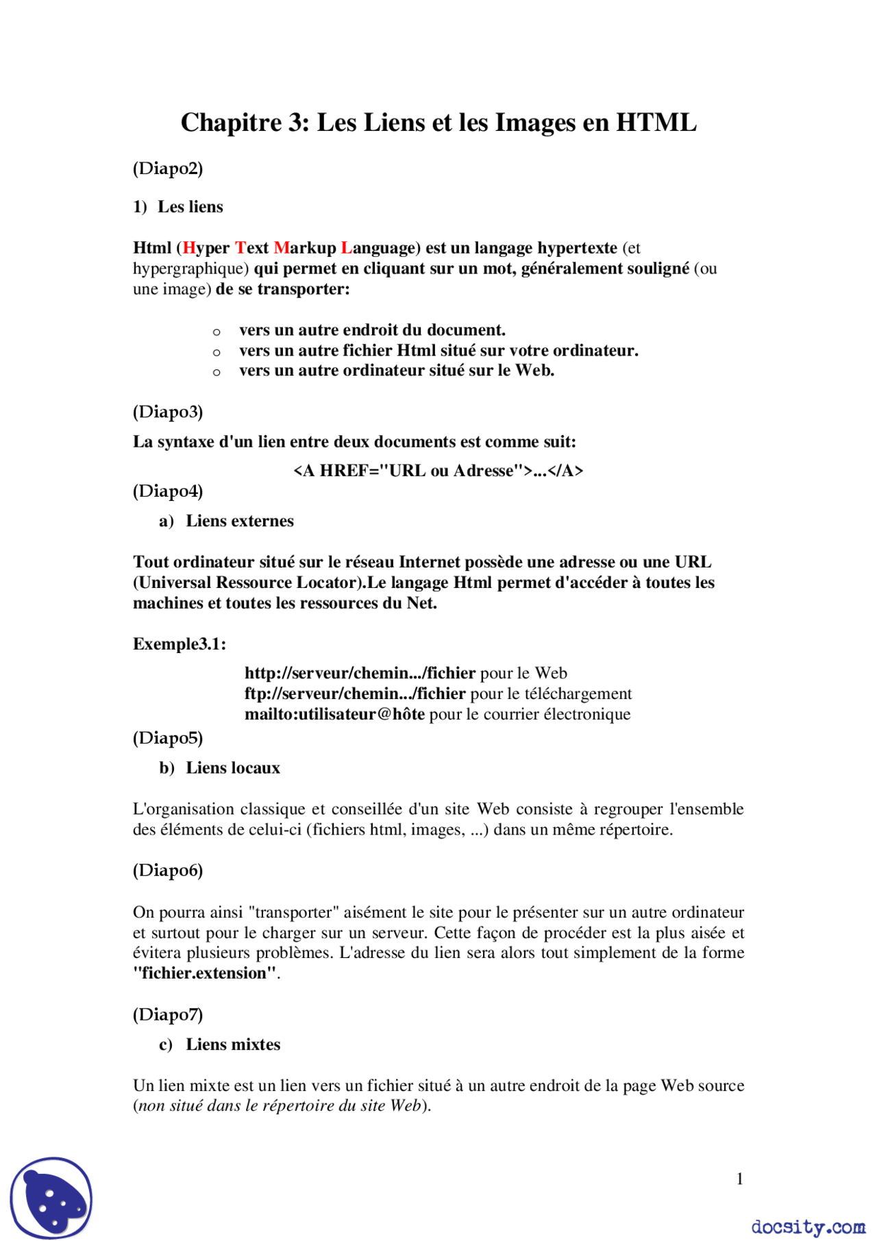 Notes Sur Les Liens Et Les Images En Html Docsity