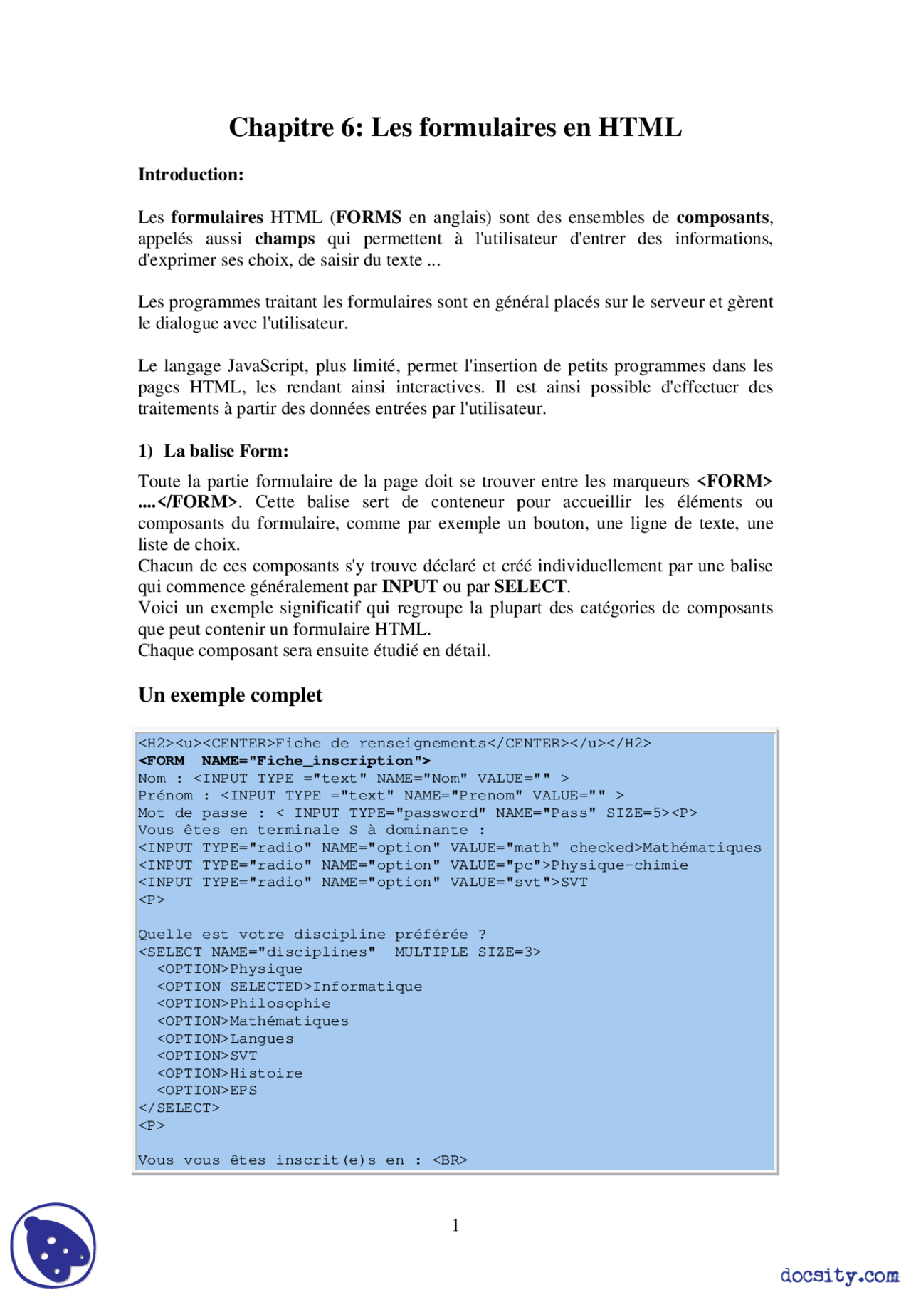 Notes sur les formulaires en HTML - Docsity
