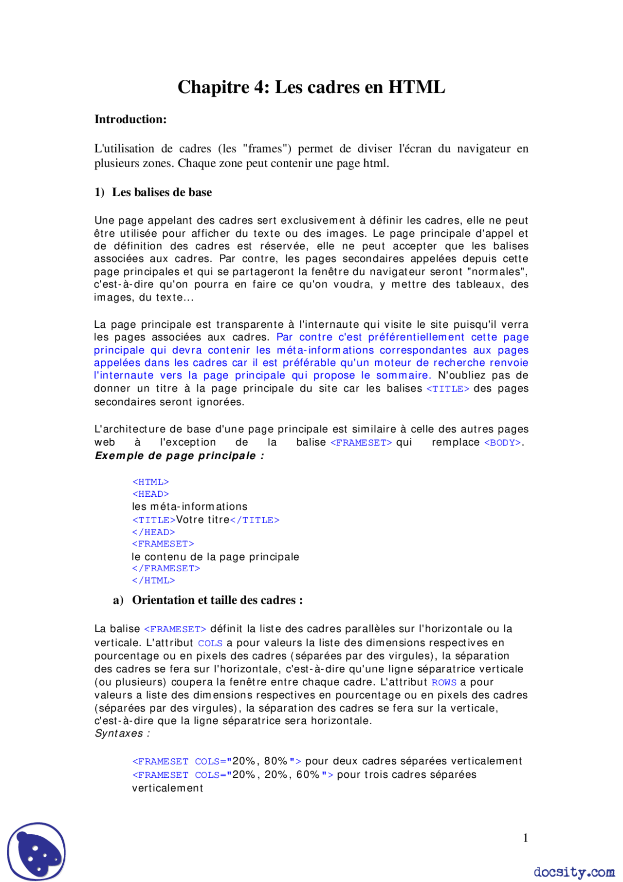 Notes sur les cadres en HTML - Docsity