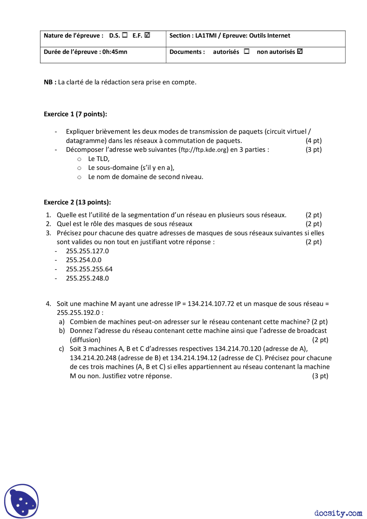 Notes Sur Une épreuve De Outils Internet Docsity