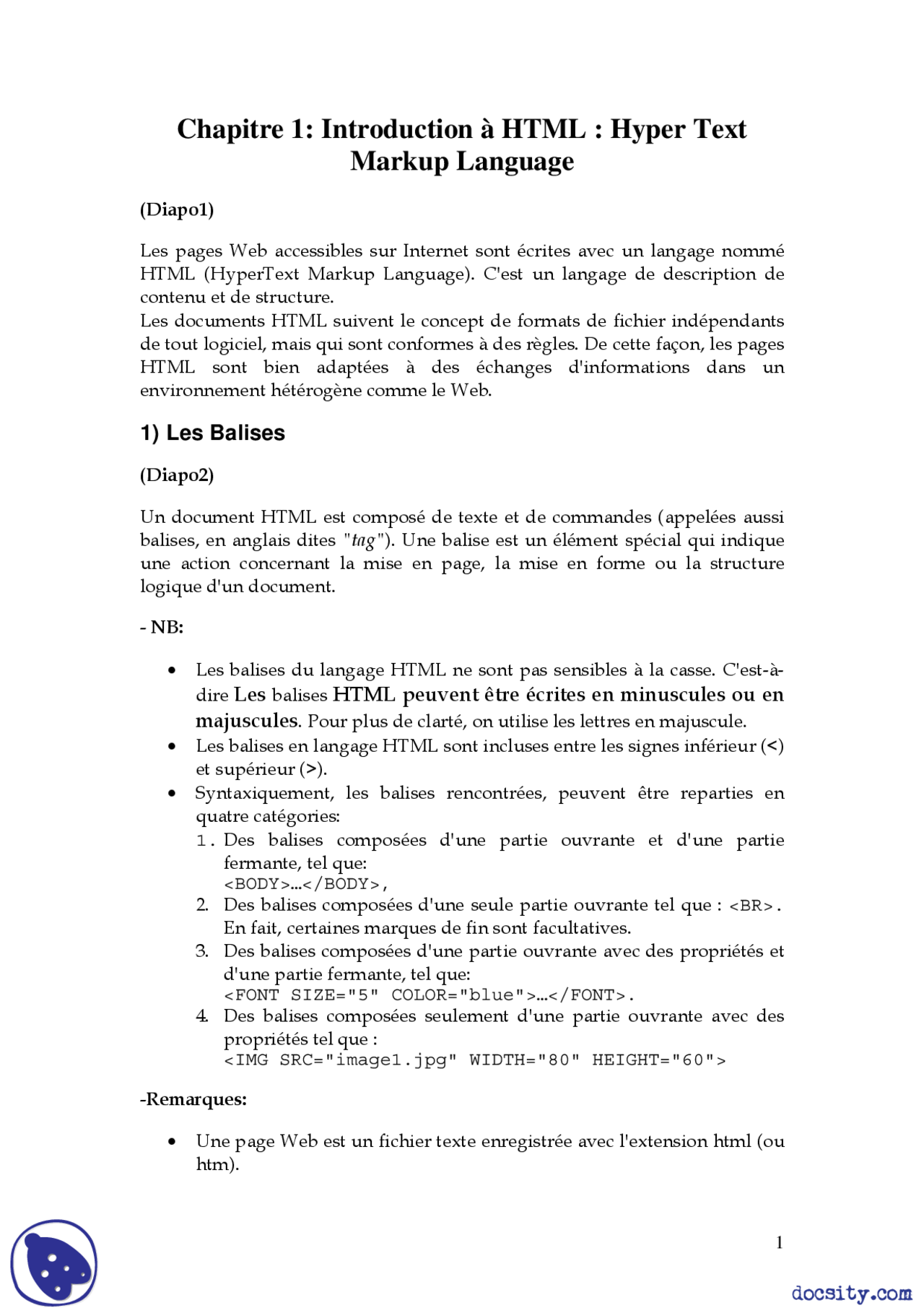 Notes Sur Lintroduction à Html Docsity