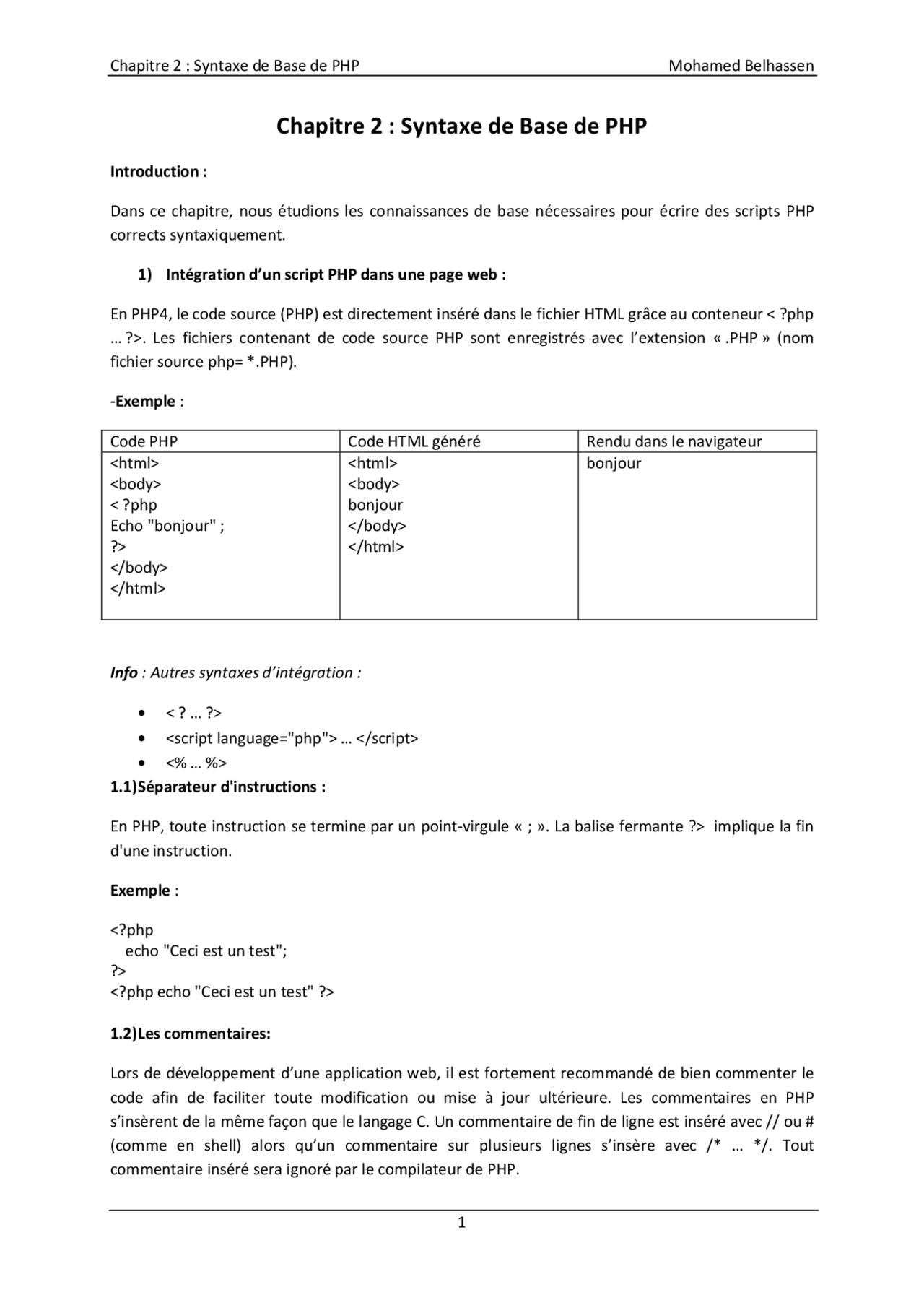 Notes sur la syntaxe de Base de PHP - Docsity