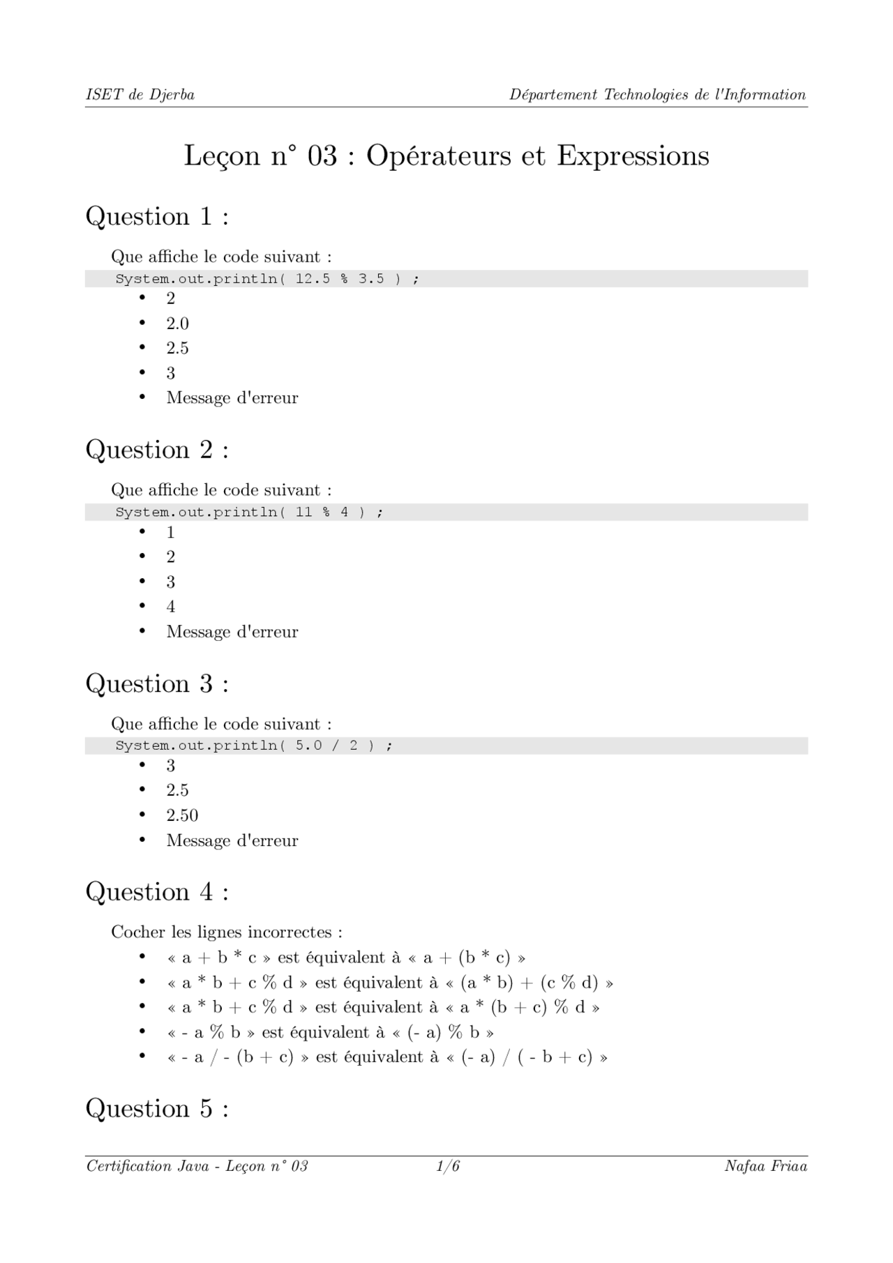 Notes sur les opérateurs et les expressions - Docsity