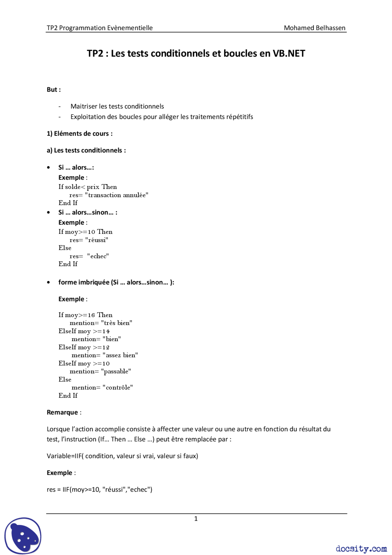 Notes Sur Les Tests Conditionnels Et Boucles En Vbnet Docsity