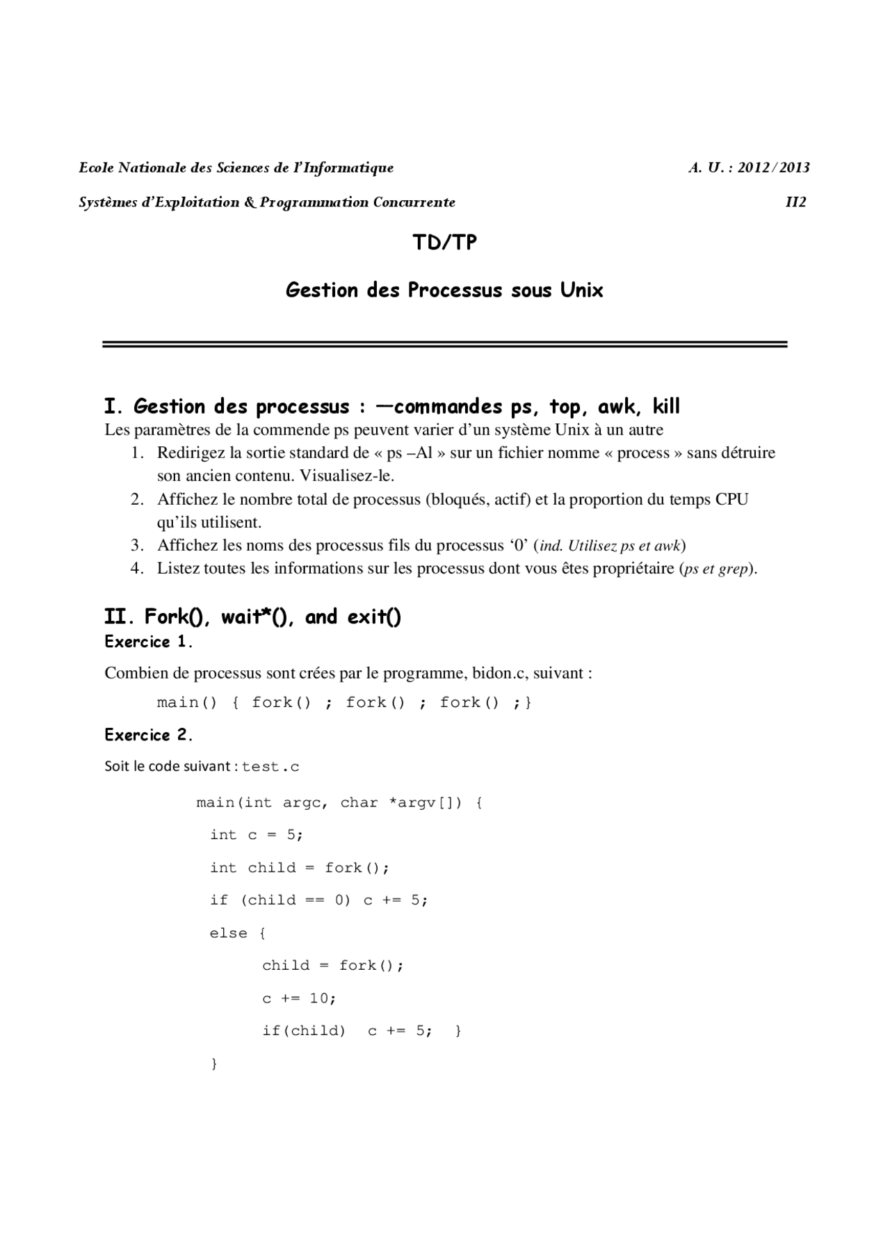 Notes Sur La Gestion Des Processus Sous Unix Docsity
