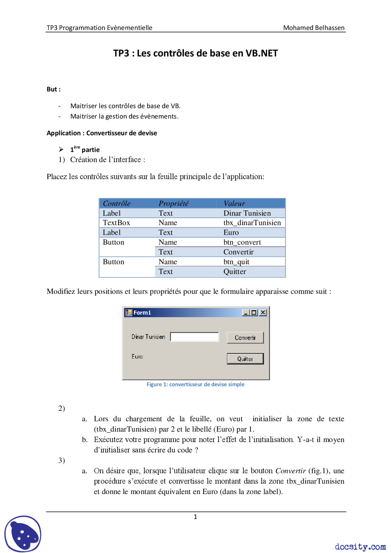 Notes Sur Les Contrôles De Base En Vbnet Docsity