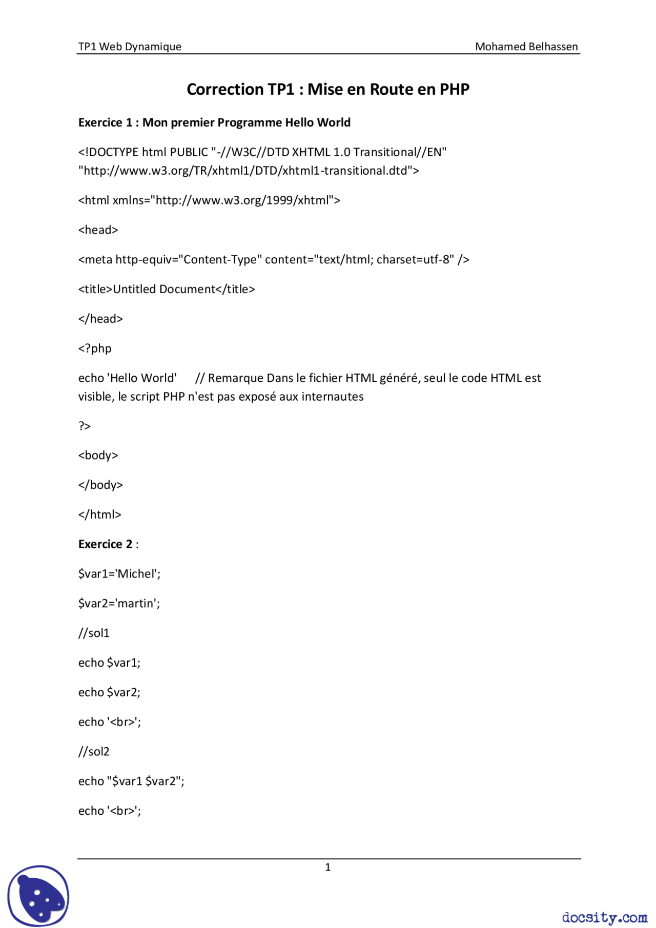 Notes Sur La Mise En Route En Php Correction Docsity