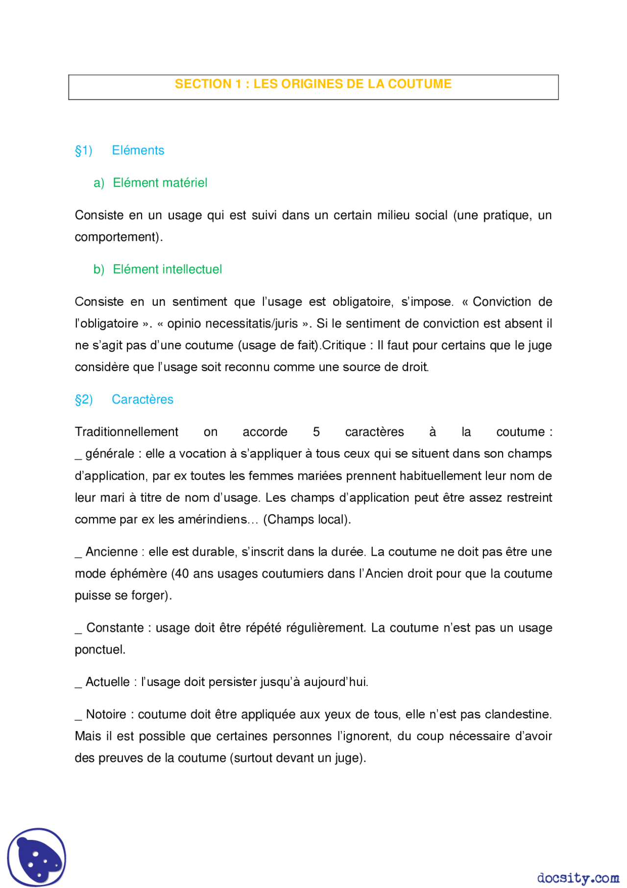 Les origines de la coutume - droit civil - Docsity