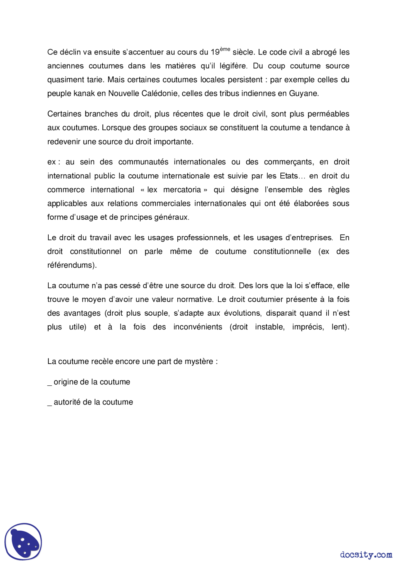 La coutume - droit civil - 2° partie - Docsity