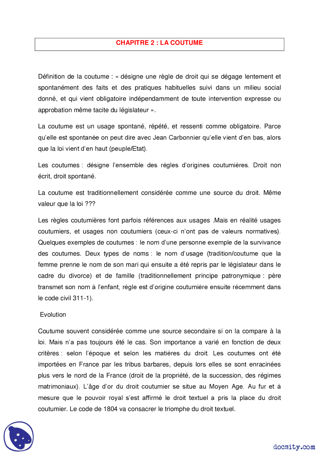 La coutume - droit civil - Docsity