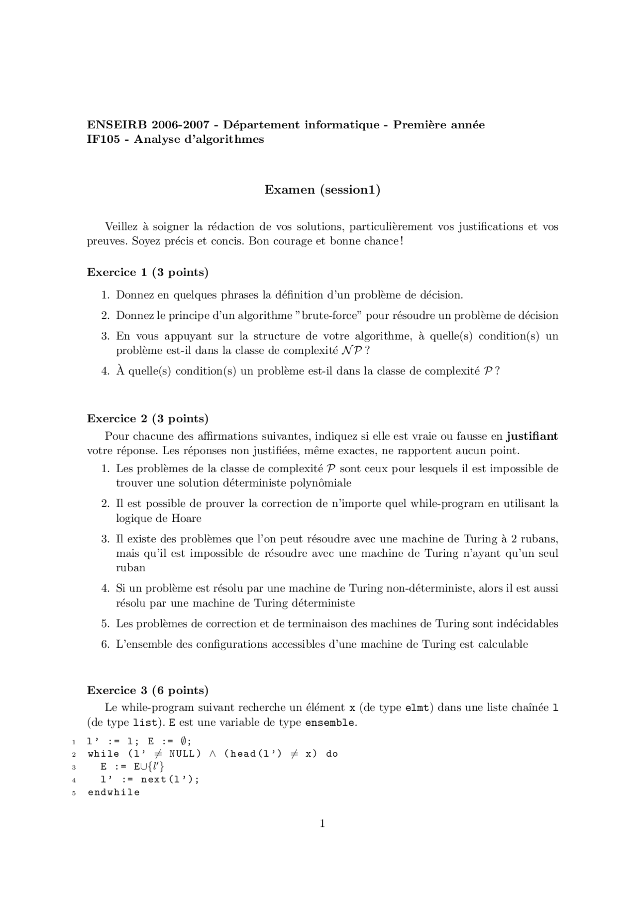 Examen sur l'analyse d'algorithmes - Docsity