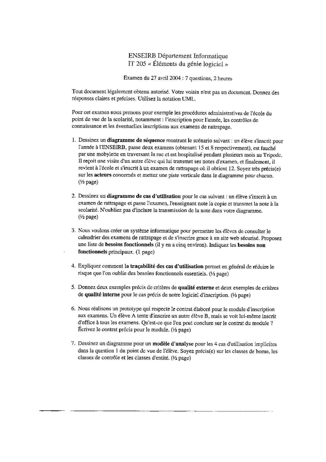 Examen Sur Les éléments De Génie Logiciel 2 Docsity