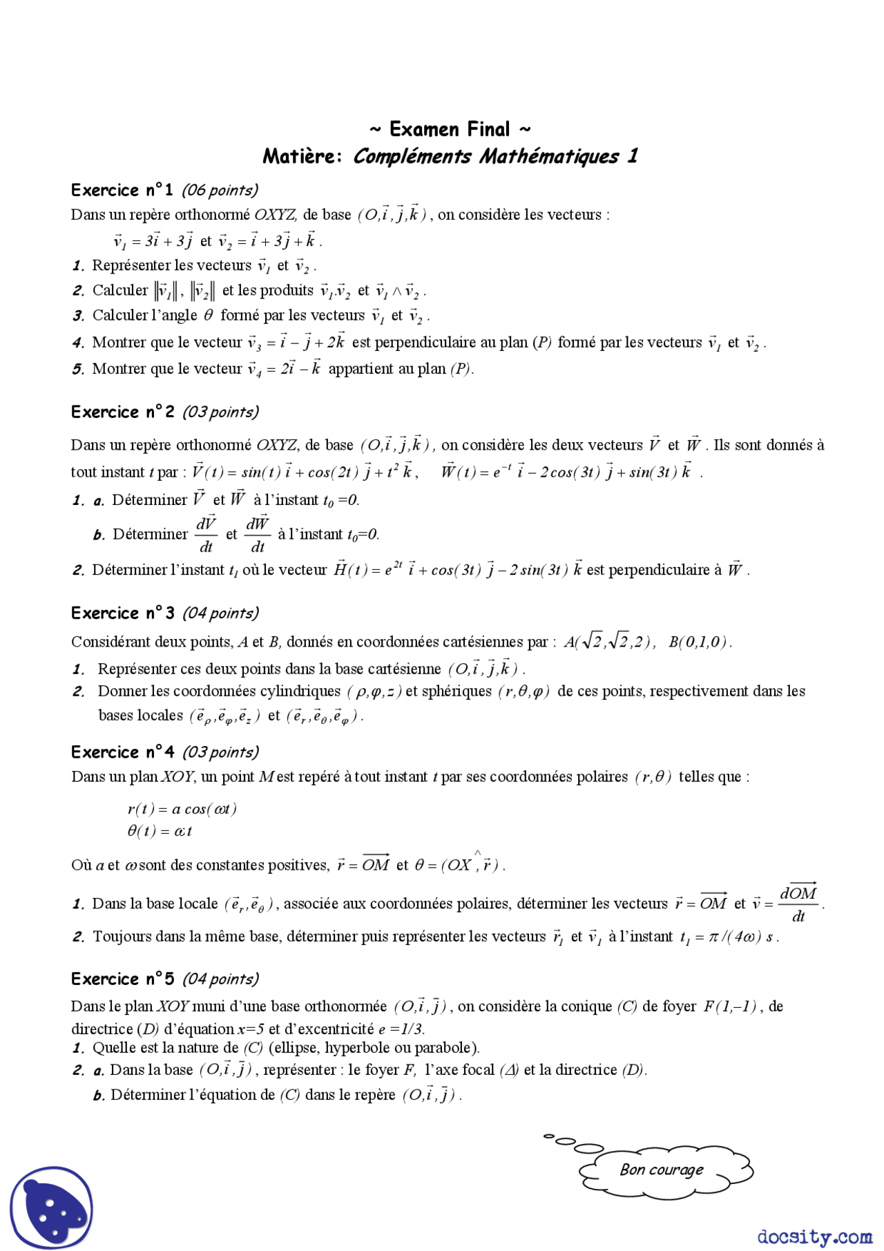 Exercices Sur Les Compléments Mathématiques Docsity