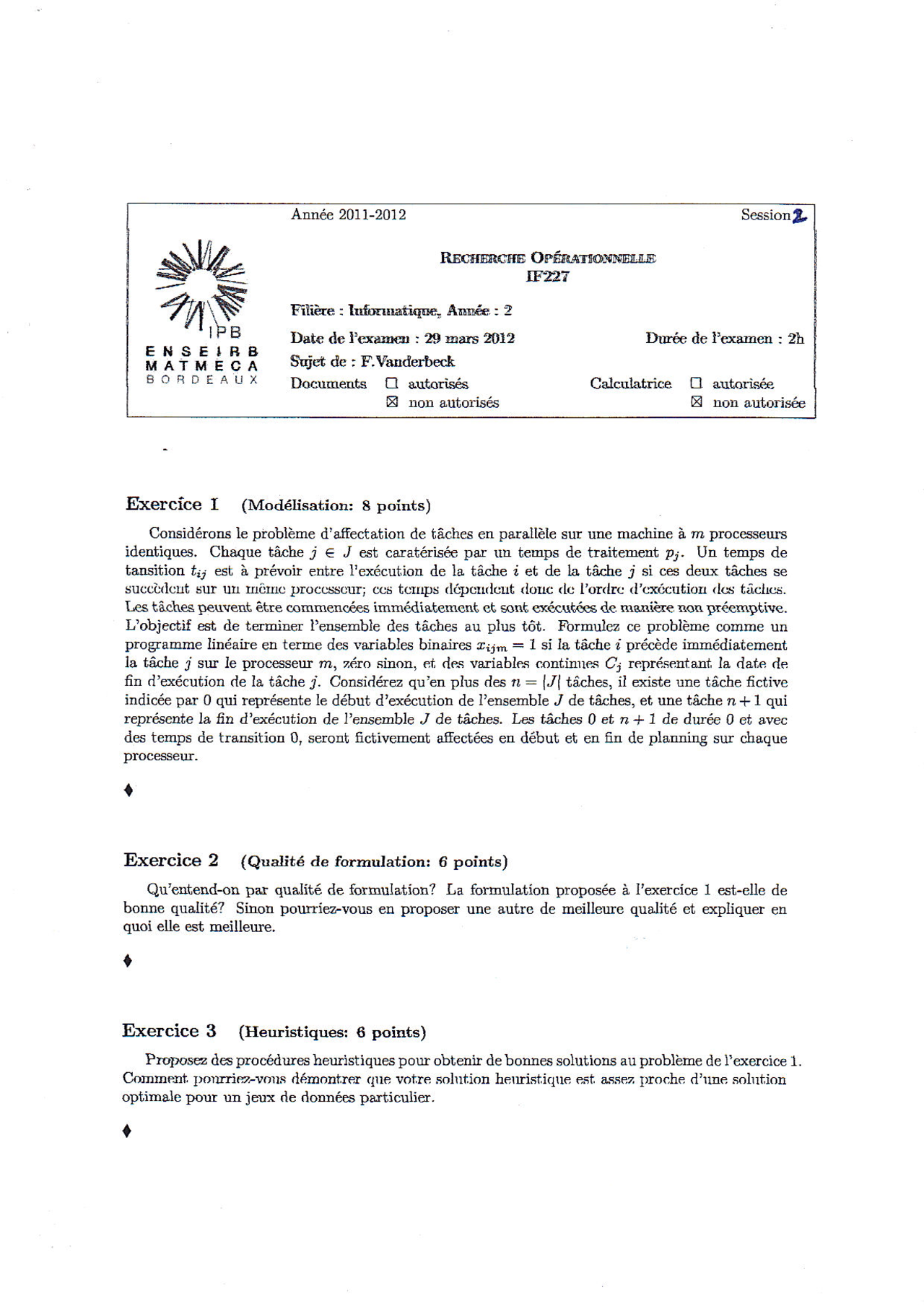 Exercices sur le thème de la recherche opérationnelle - 6 | Exercices Application informatique ...