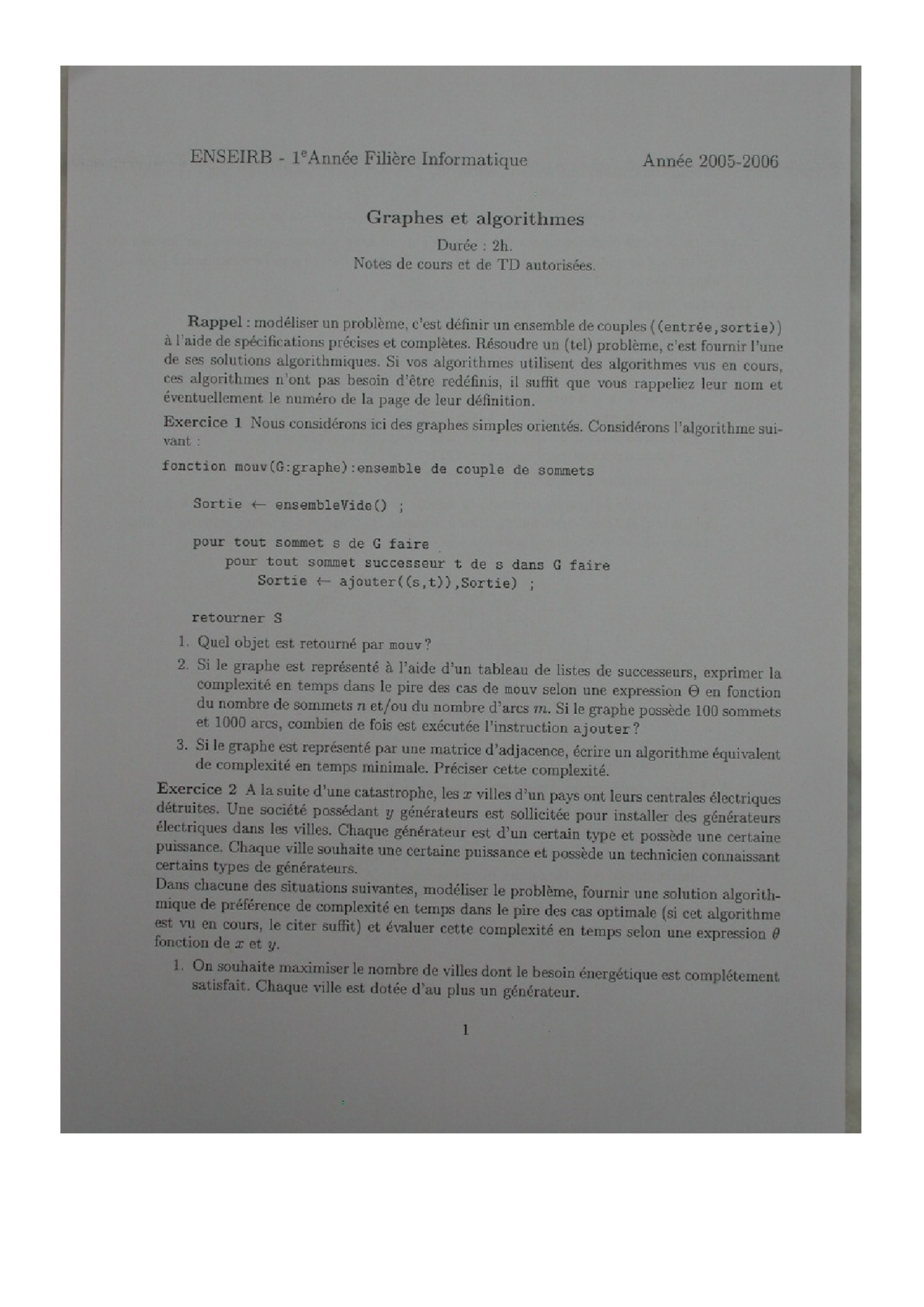 Exercices Sur Les Graphes Et Les Algorithmes Docsity