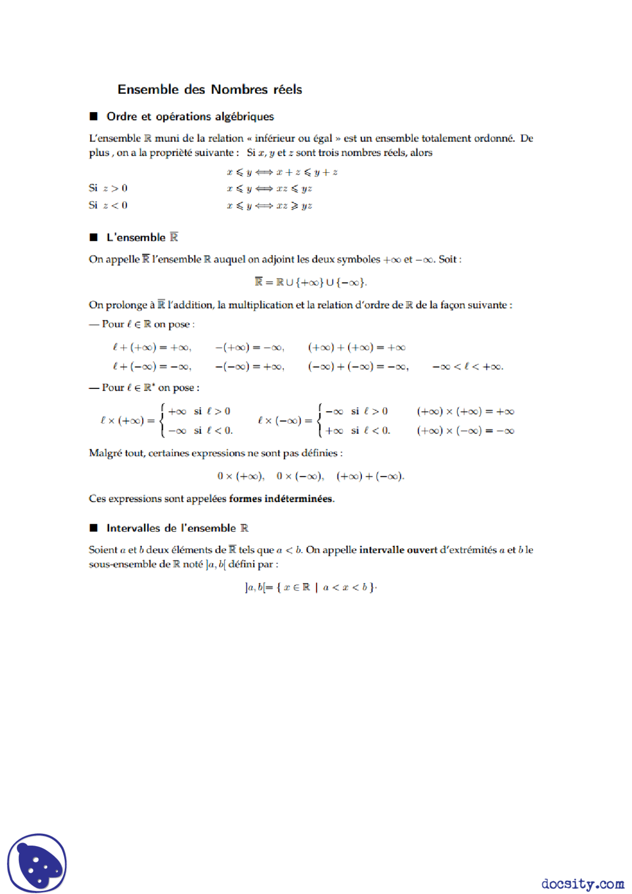 Notes Sur Lensemble Des Nombres Réels Docsity