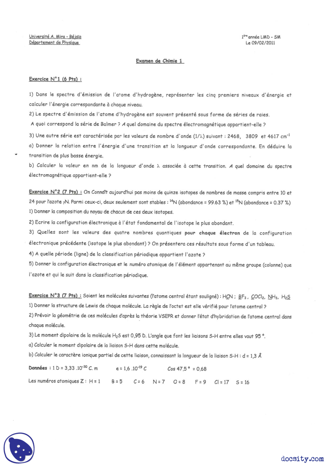 Examen de chimie - Docsity