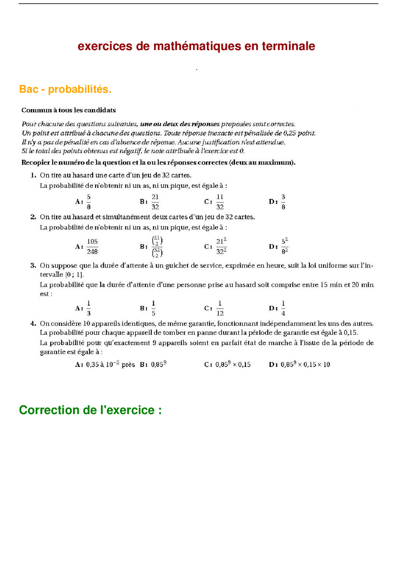 Exercices de mathématiques en terminale | Exercices Mathématiques - Docsity