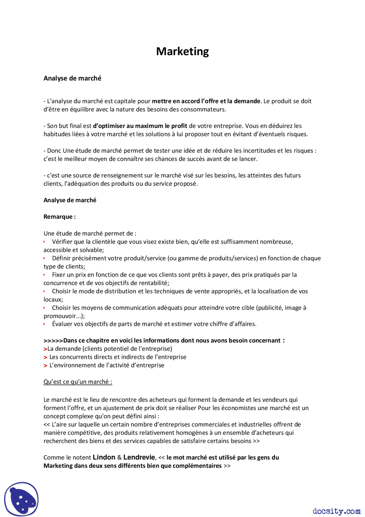 Notes Sur Le Thème Du Marketing Docsity
