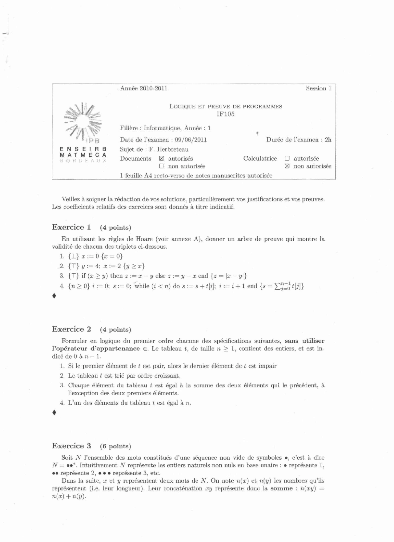 Exercices sur la logique et la preuve de programme d'informatique - Docsity