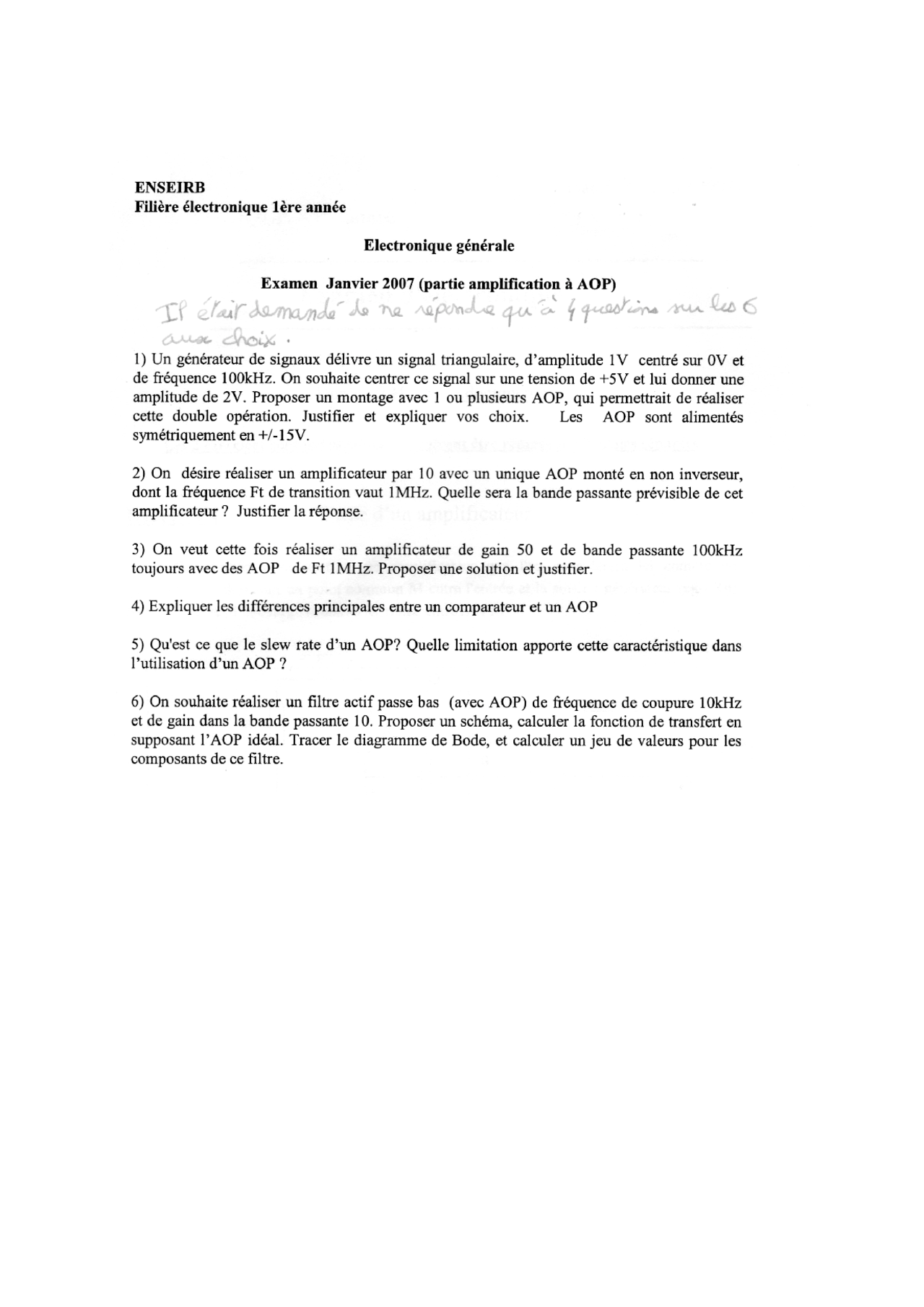 Exercices Délectronique Générale Docsity
