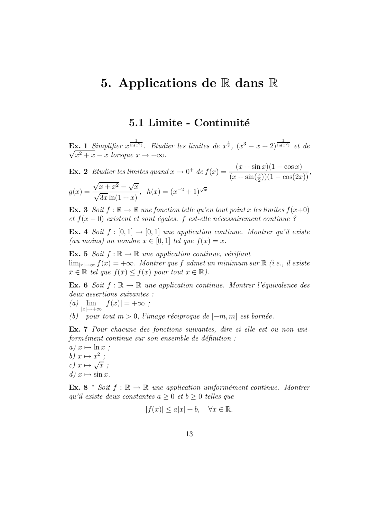 Exercices sur les applications de R dans R | Exercices Mathématiques | Docsity