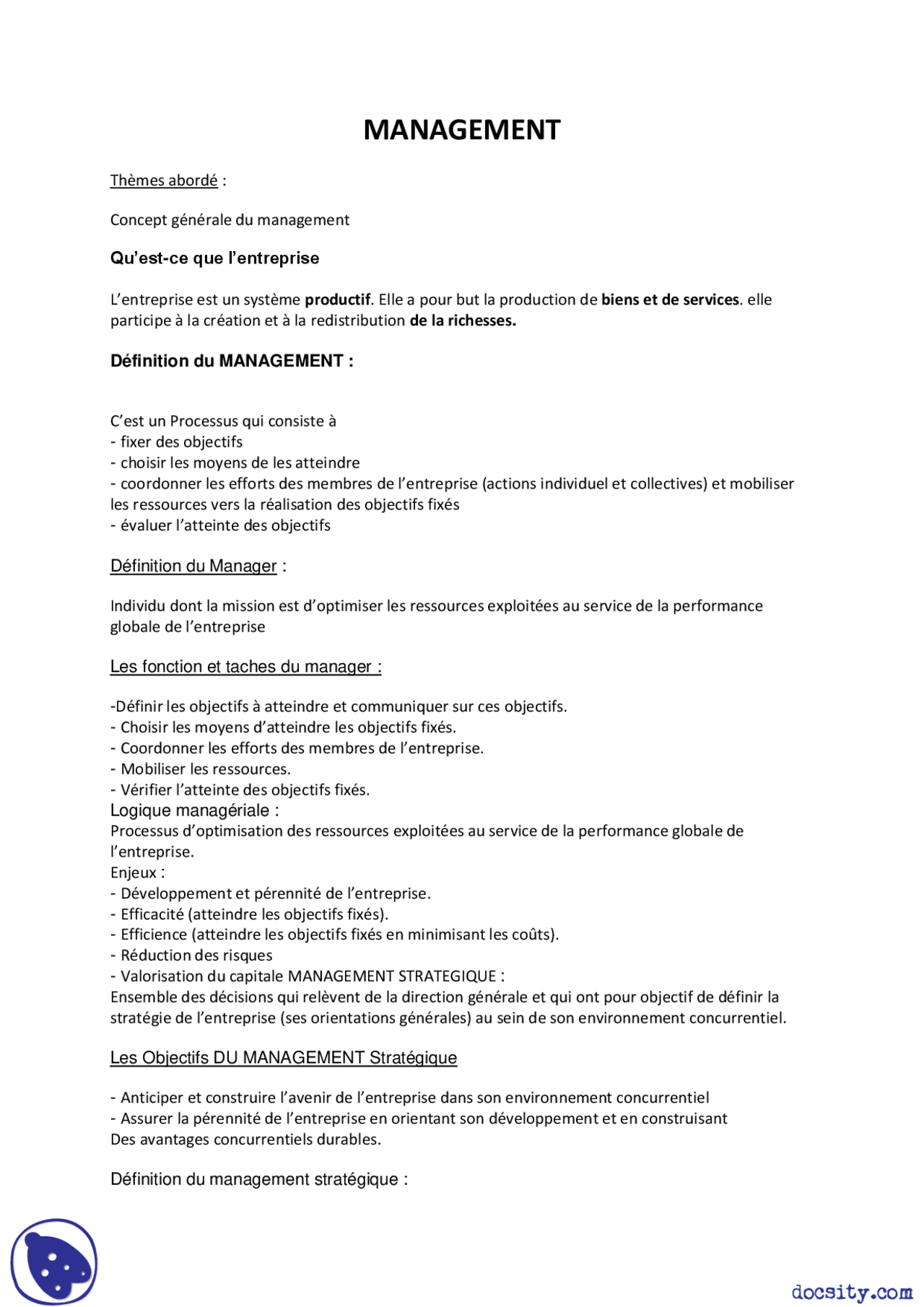 Notes Sur Le Thème Du Management Docsity