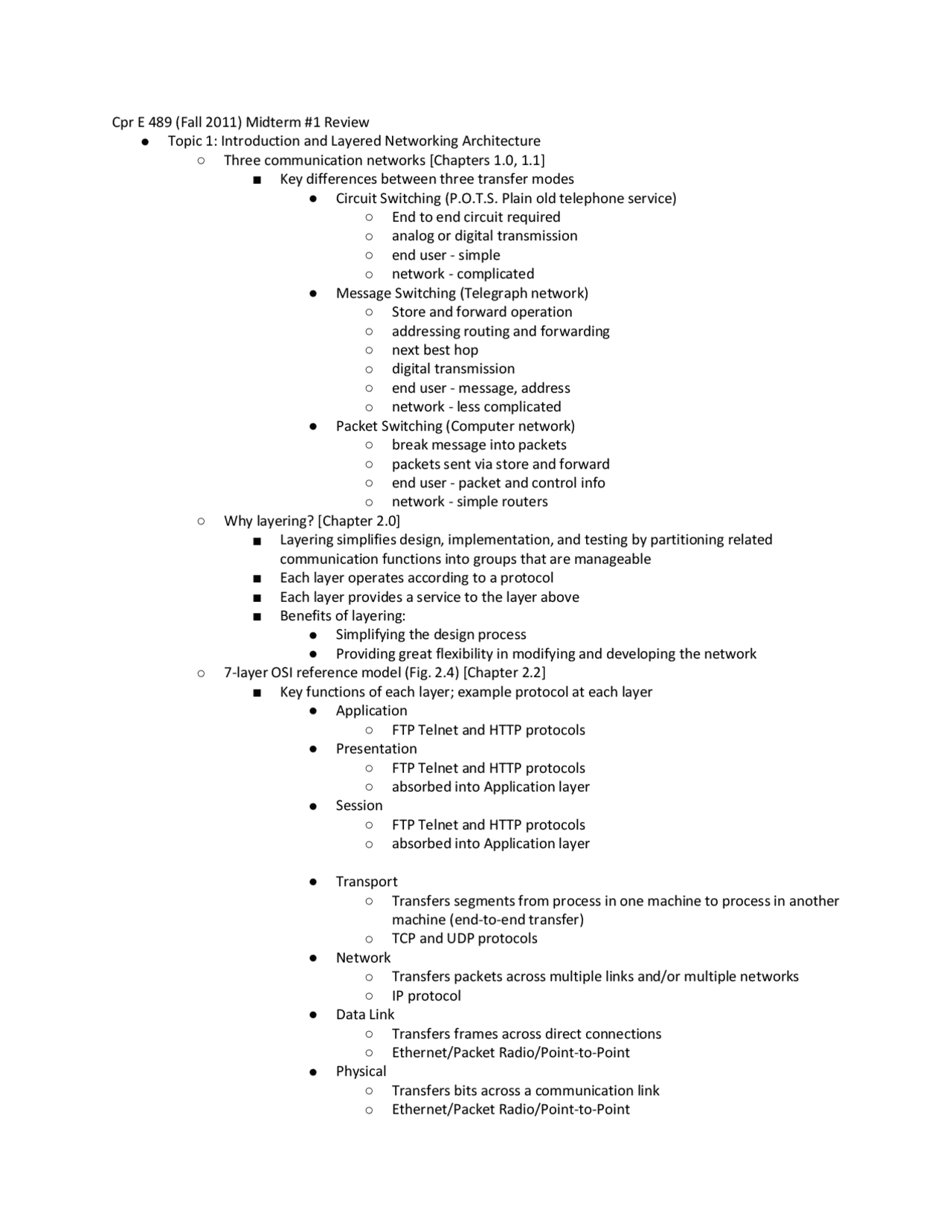 Midterm Exam 1 Review Computer Networking And Data Communications Cpr E 489 Docsity