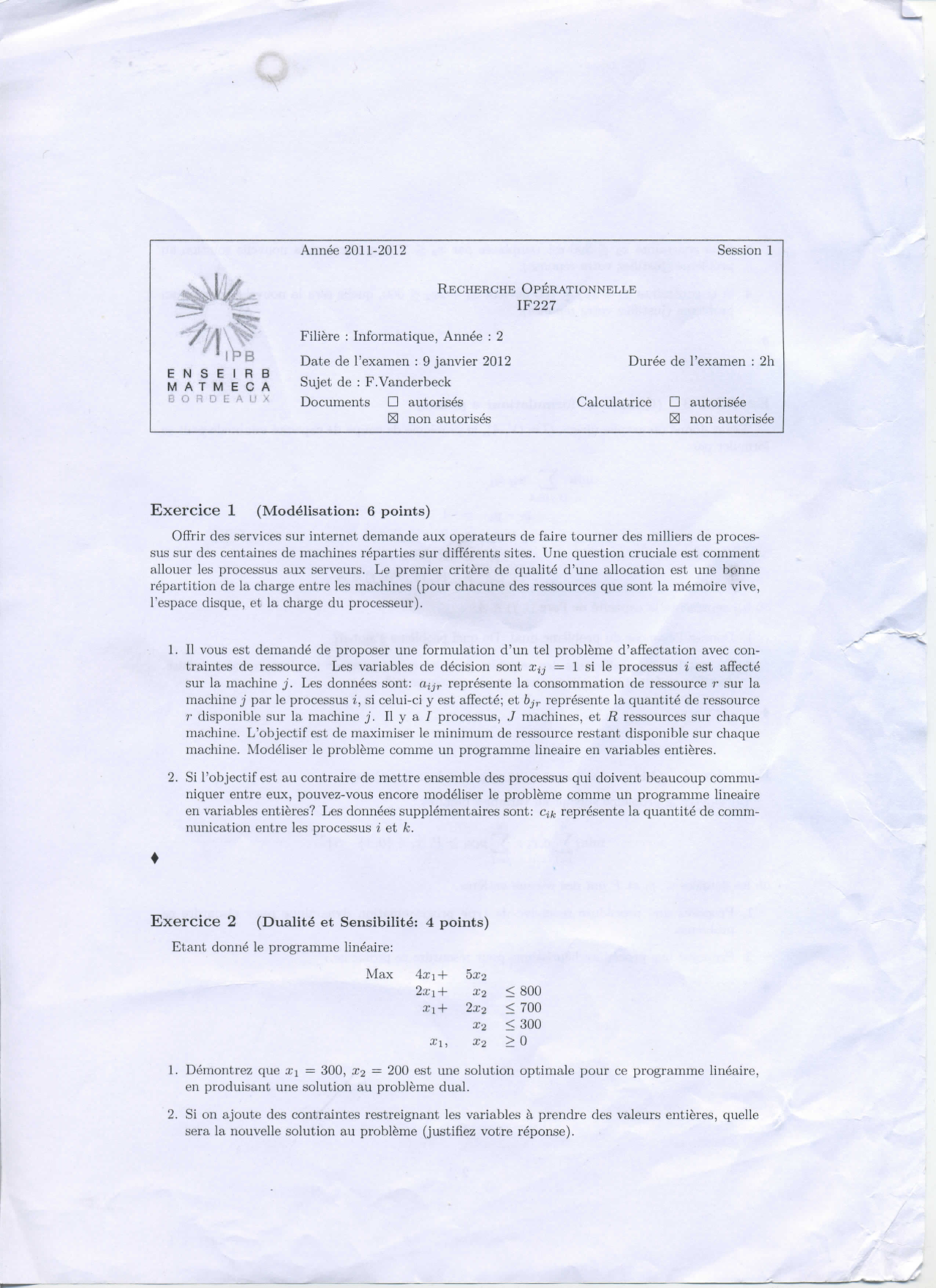 Exercices Sur Le Thème De La Recherche Opérationnelle 5 Docsity