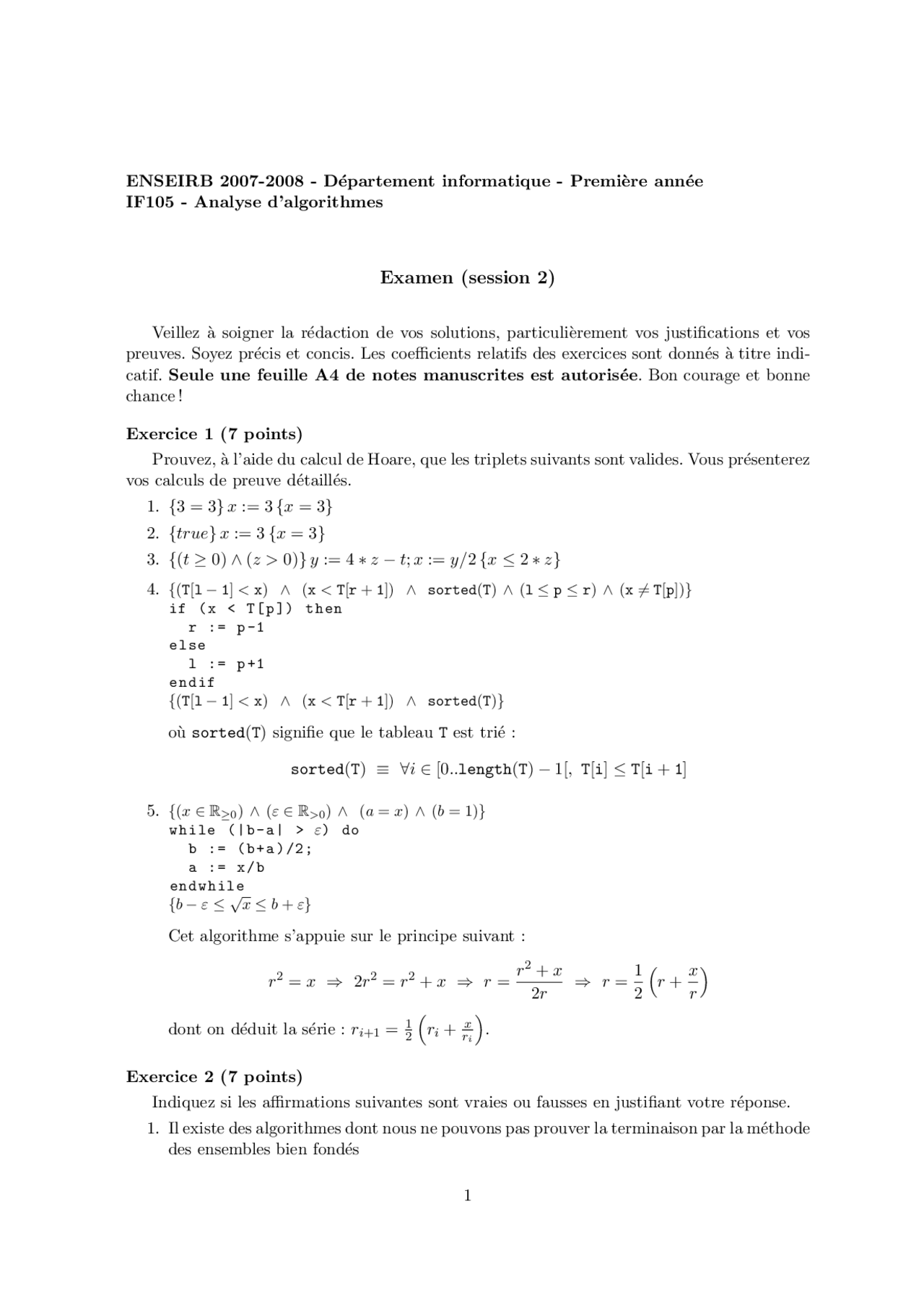 Examen - Analyse d'algorithmes - 2 - Docsity