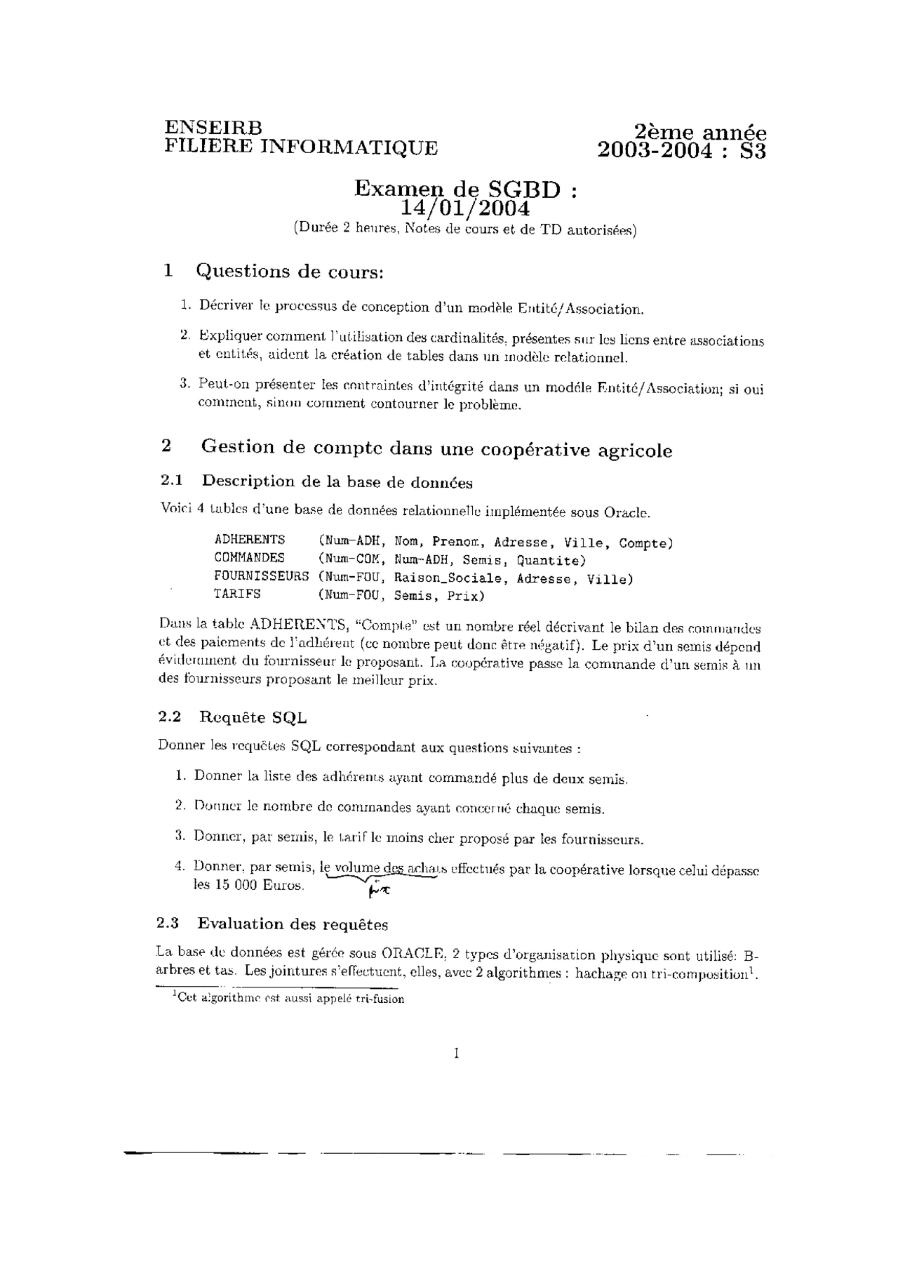Exercices sur la filière informatique - 2 | Exercices Application informatique | Docsity