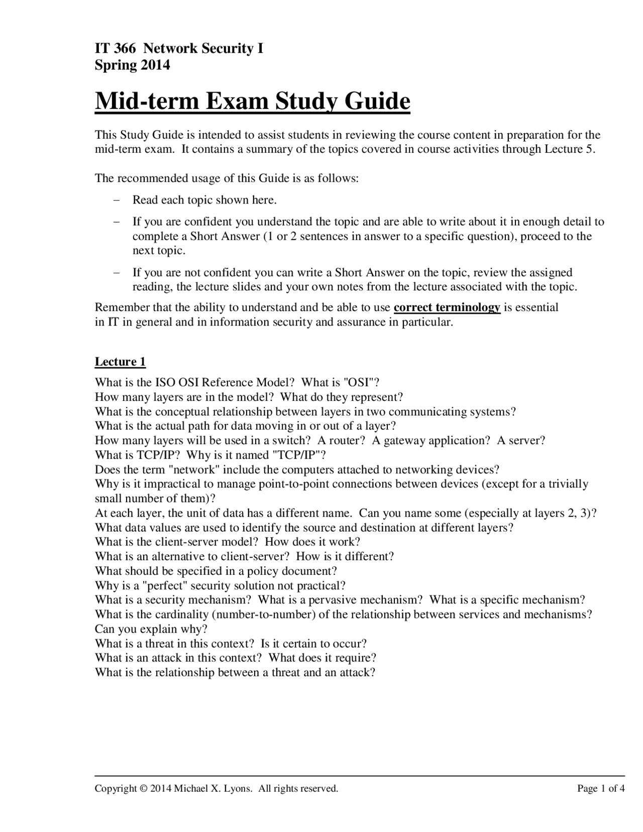 Midterm Exam Study Guide - Network Security I | IT 366 - Docsity