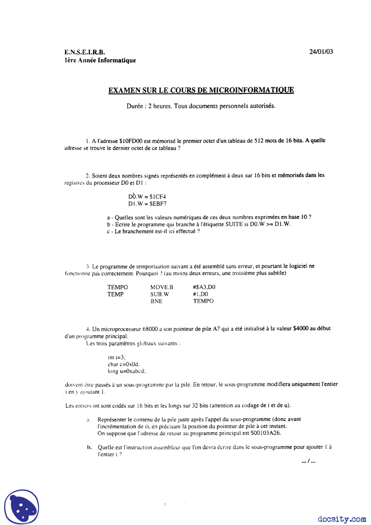 Exercices De Micro Informatique Examen Docsity