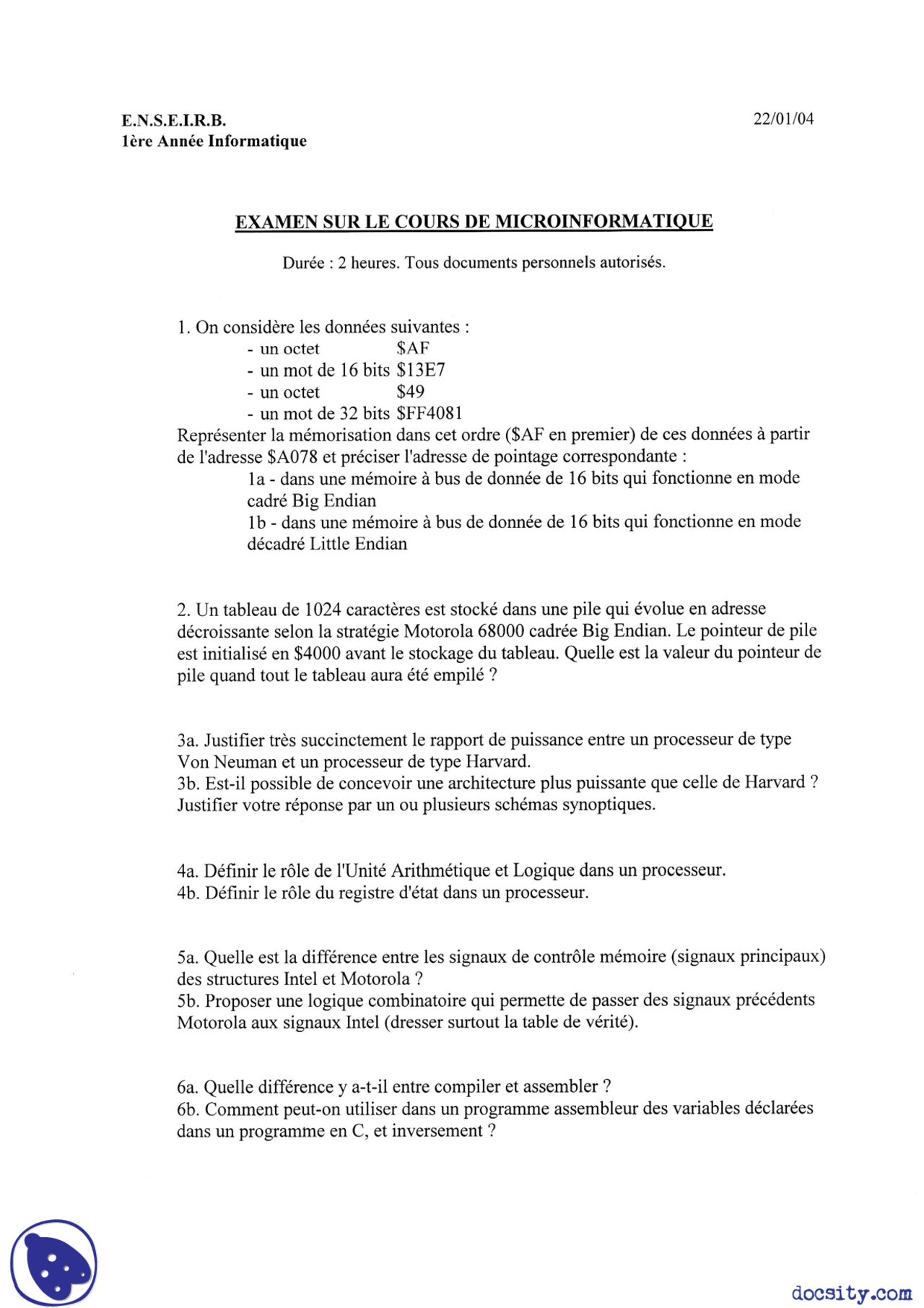 Exercices De Micro Informatique Examen 2 Docsity