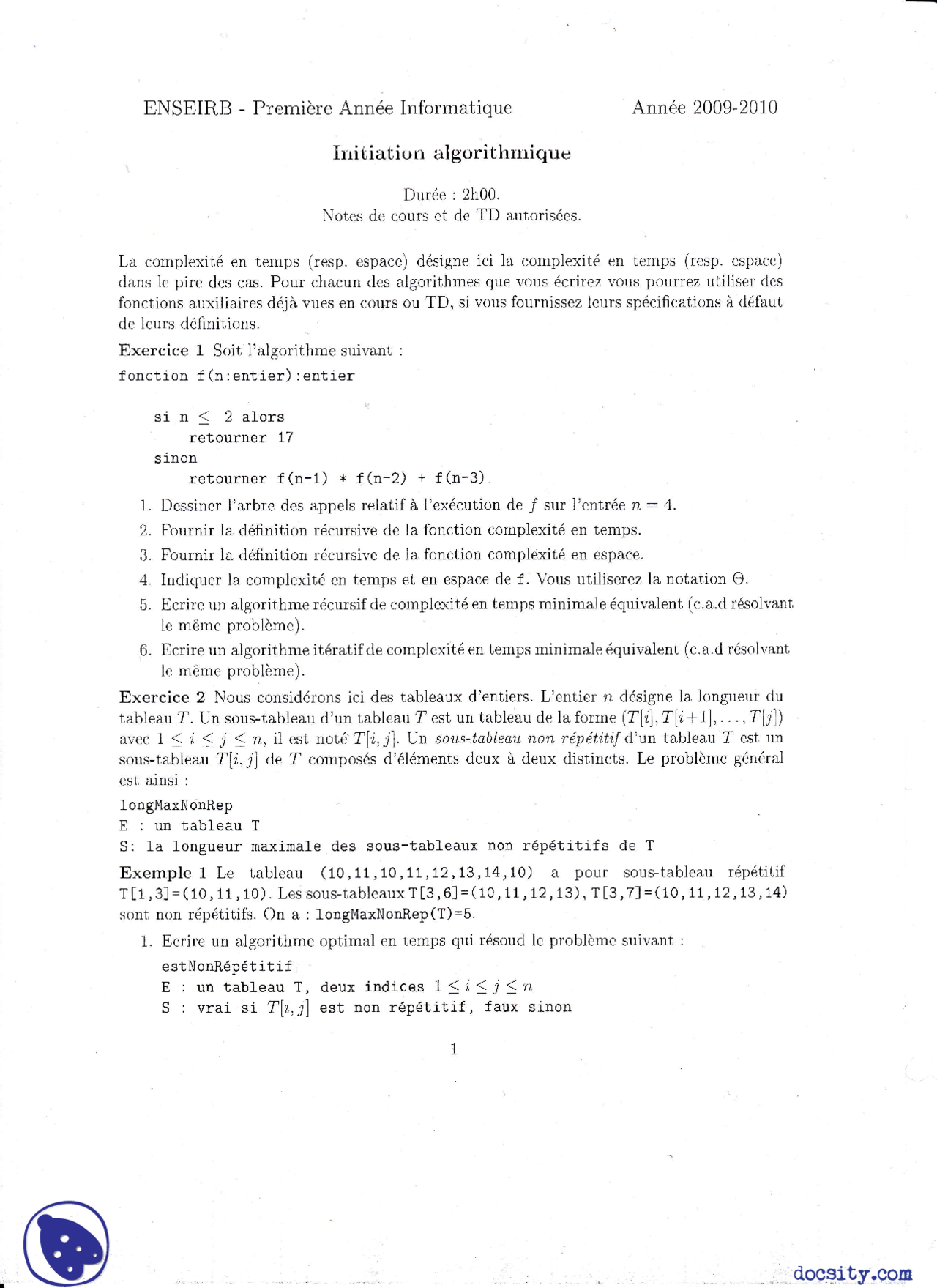 Exercices sur l'initiation algorithmique - 4 - Docsity
