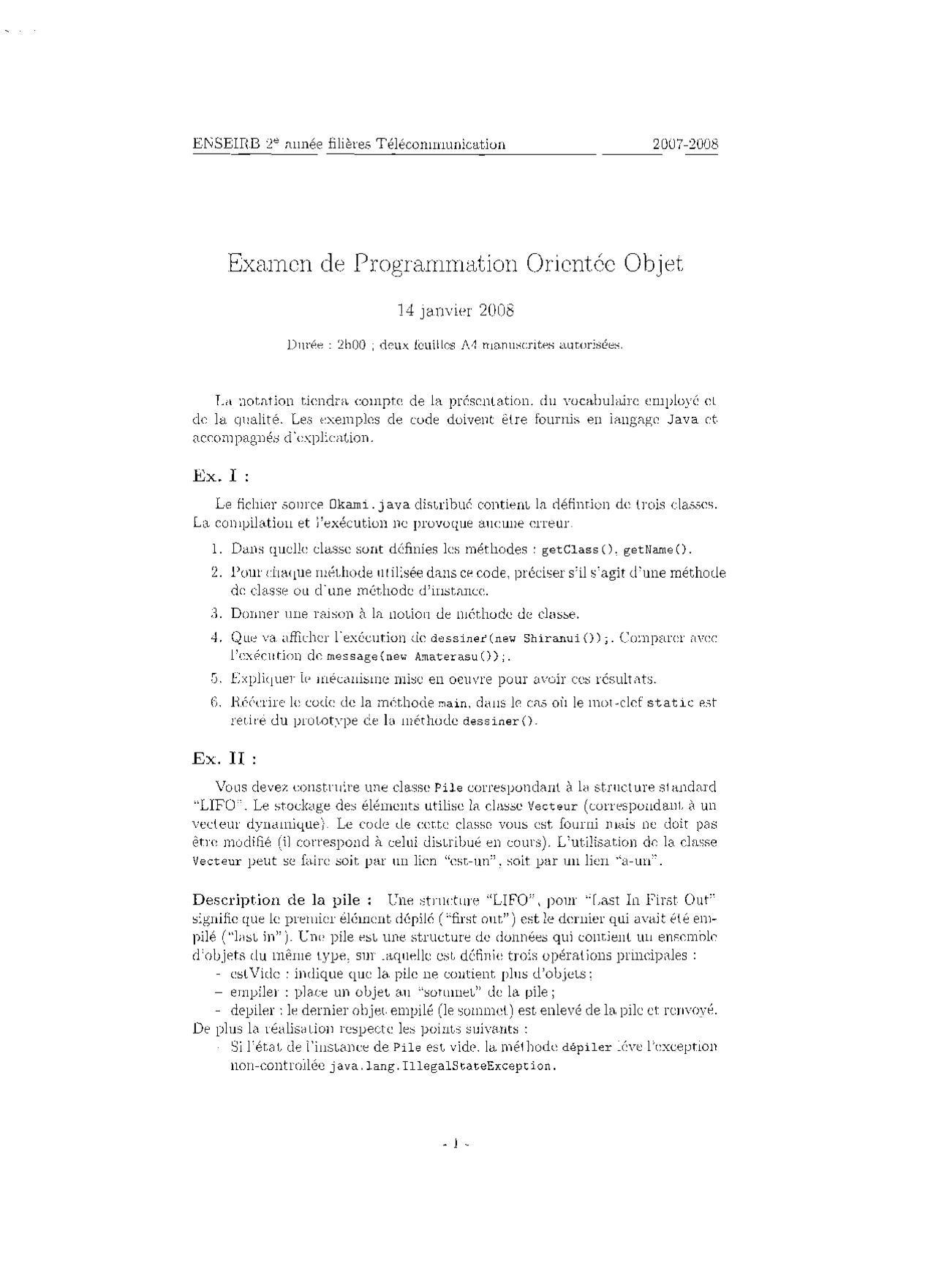 Exercices Sur La Programmation Orientée Des Objets 7 Examen Docsity